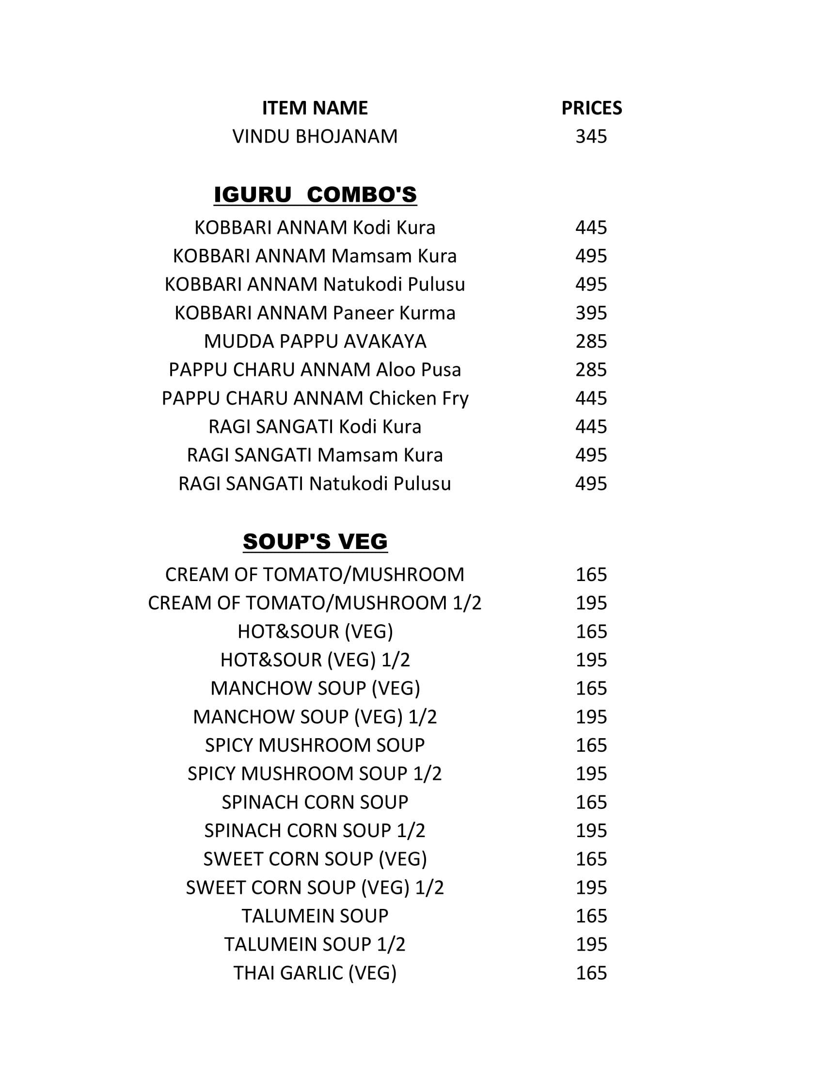 Menu of IGURU, Manikonda, Hyderabad