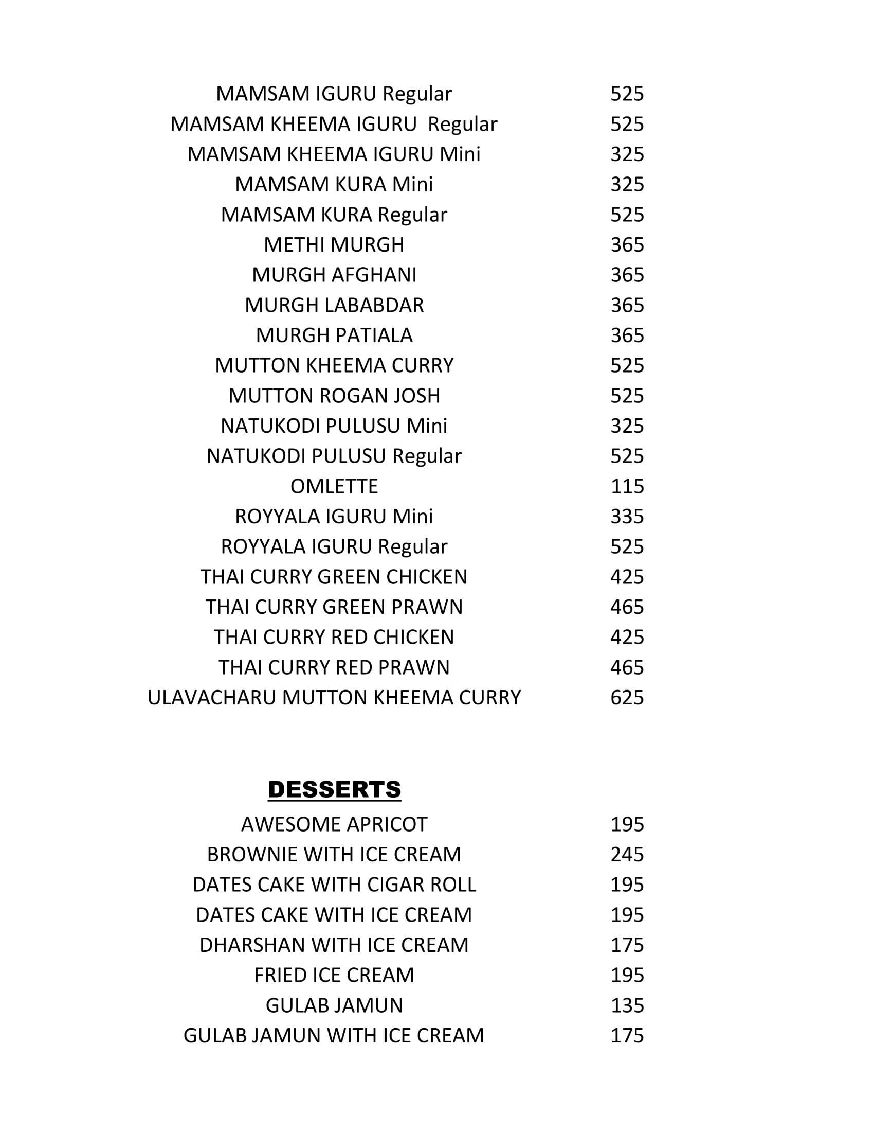 Menu of IGURU, Manikonda, Hyderabad