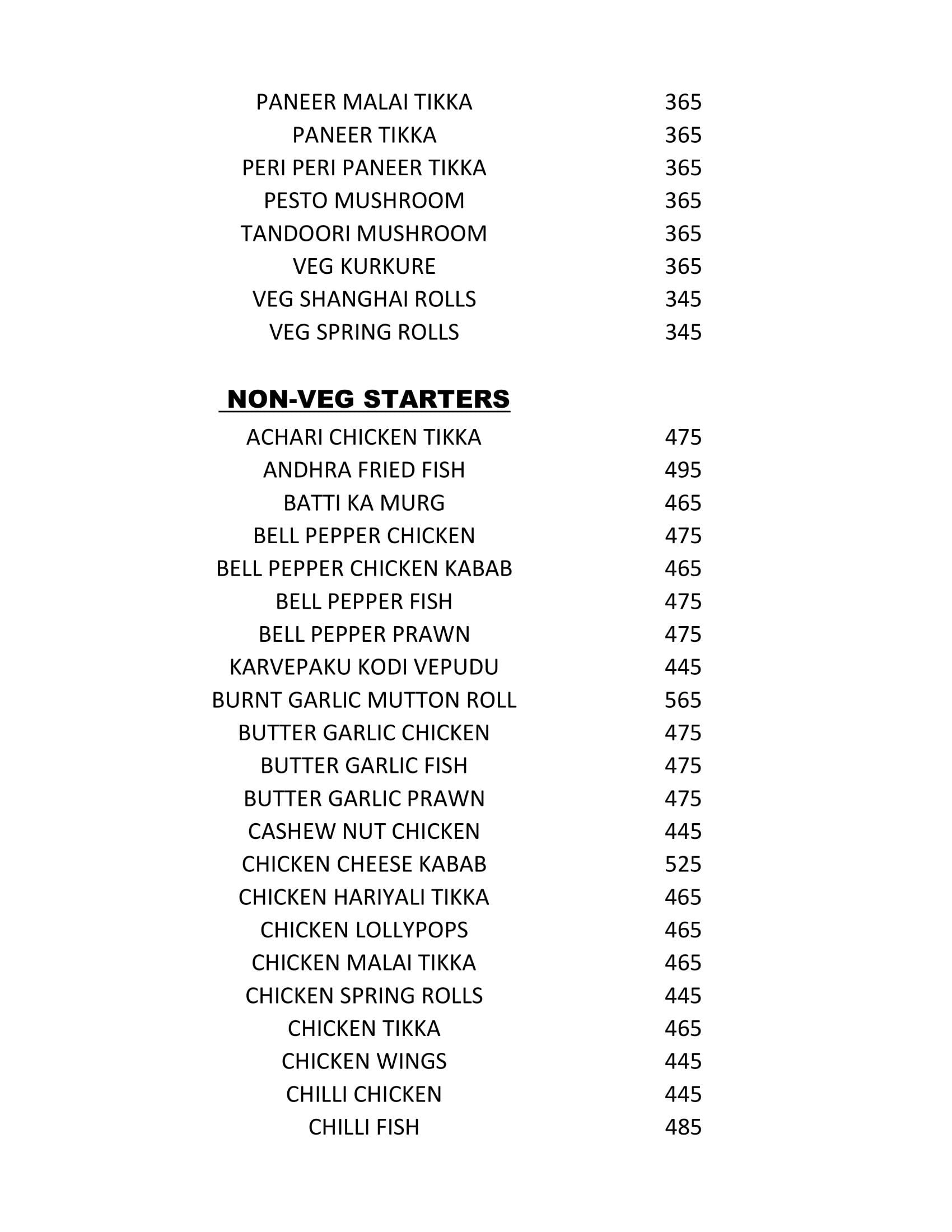 Menu of IGURU, Manikonda, Hyderabad