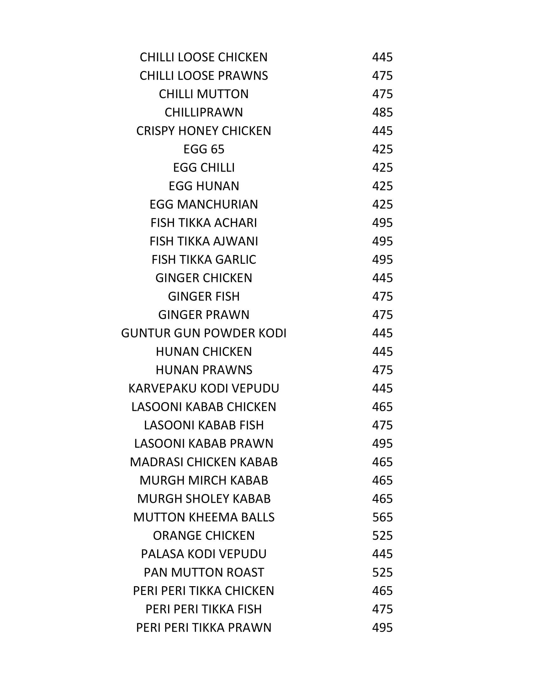 Menu of IGURU, Manikonda, Hyderabad