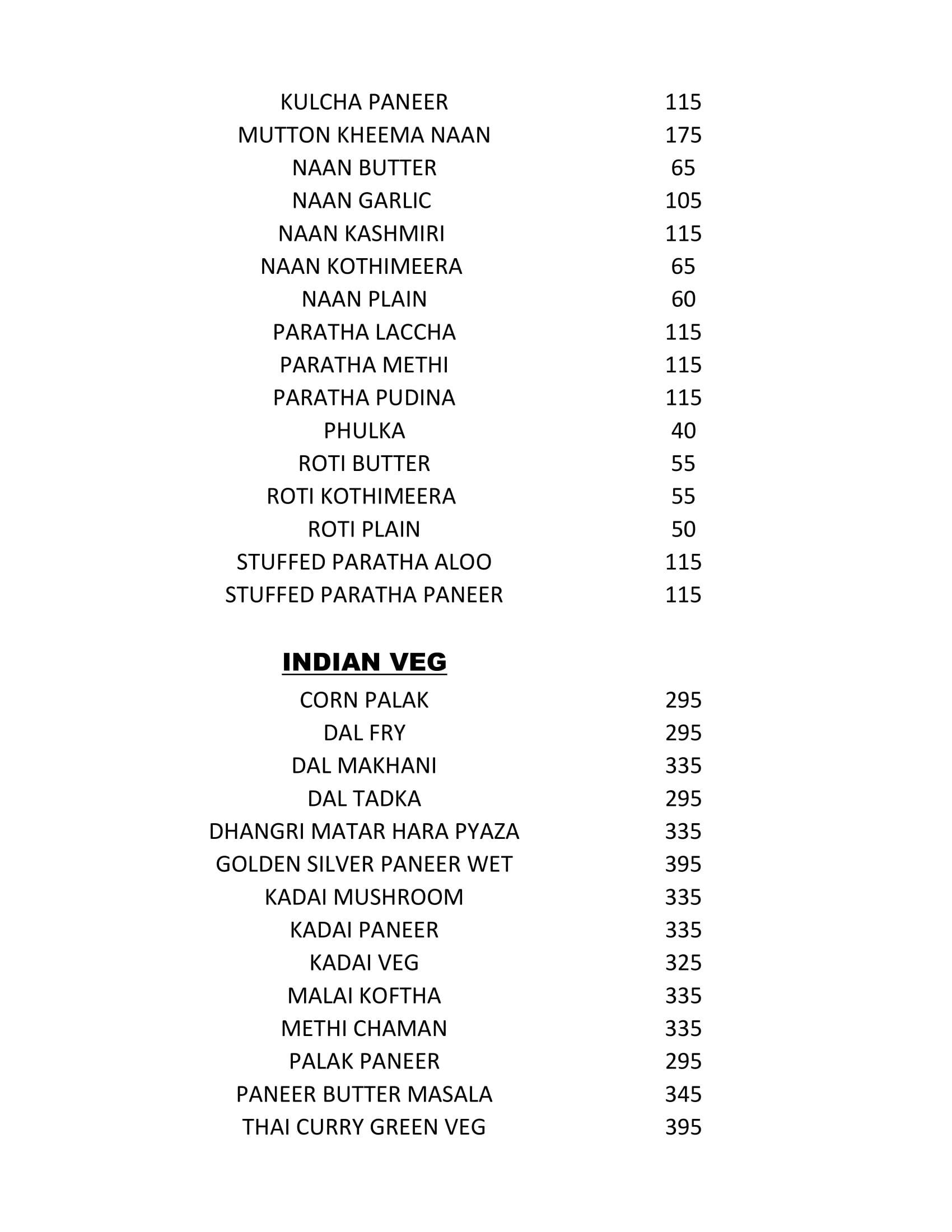 Menu of IGURU, Manikonda, Hyderabad