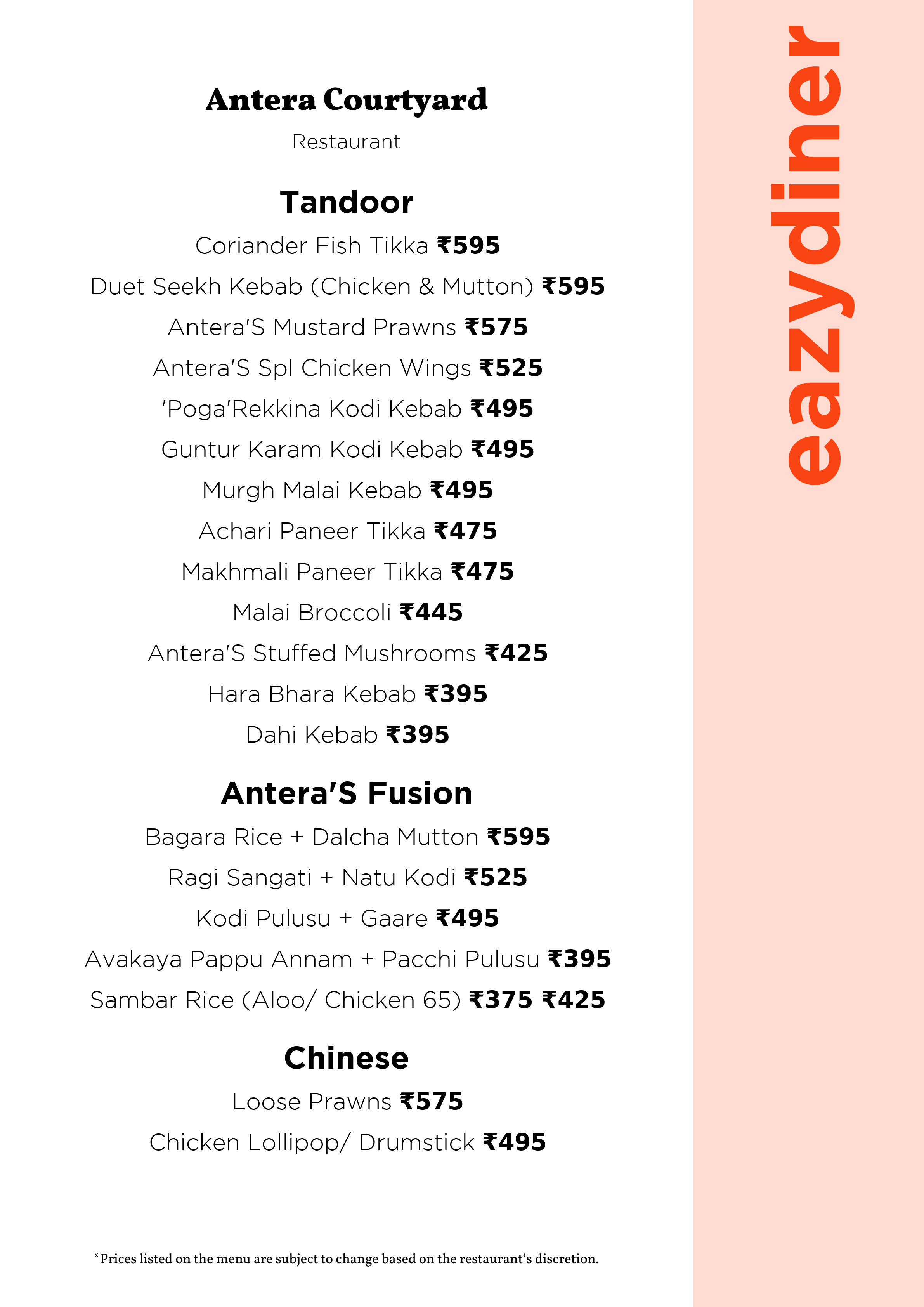 Menu of AnTeRa Courtyard, Nanakramguda, Hyderabad