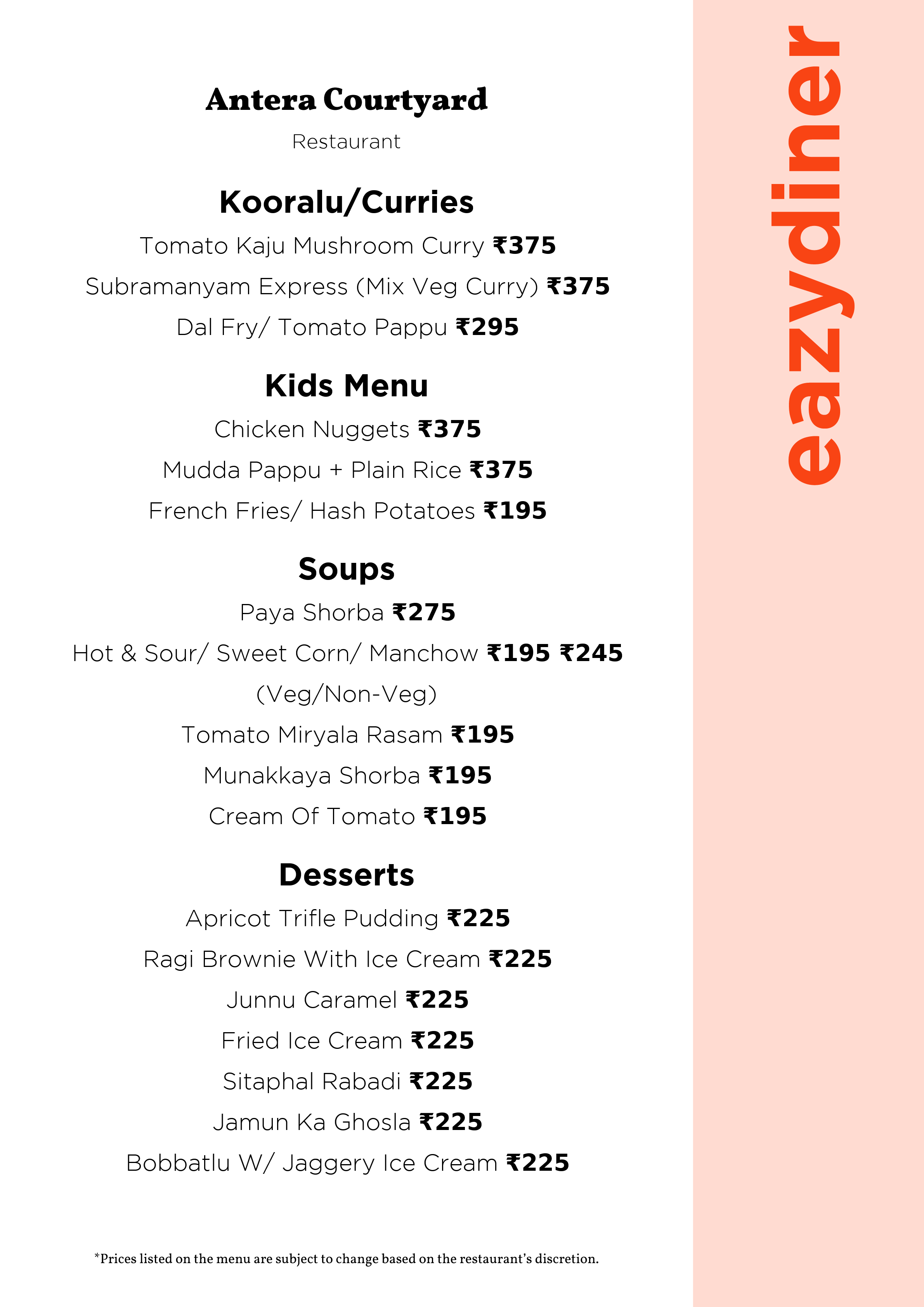 Menu of AnTeRa Courtyard, Nanakramguda, Hyderabad