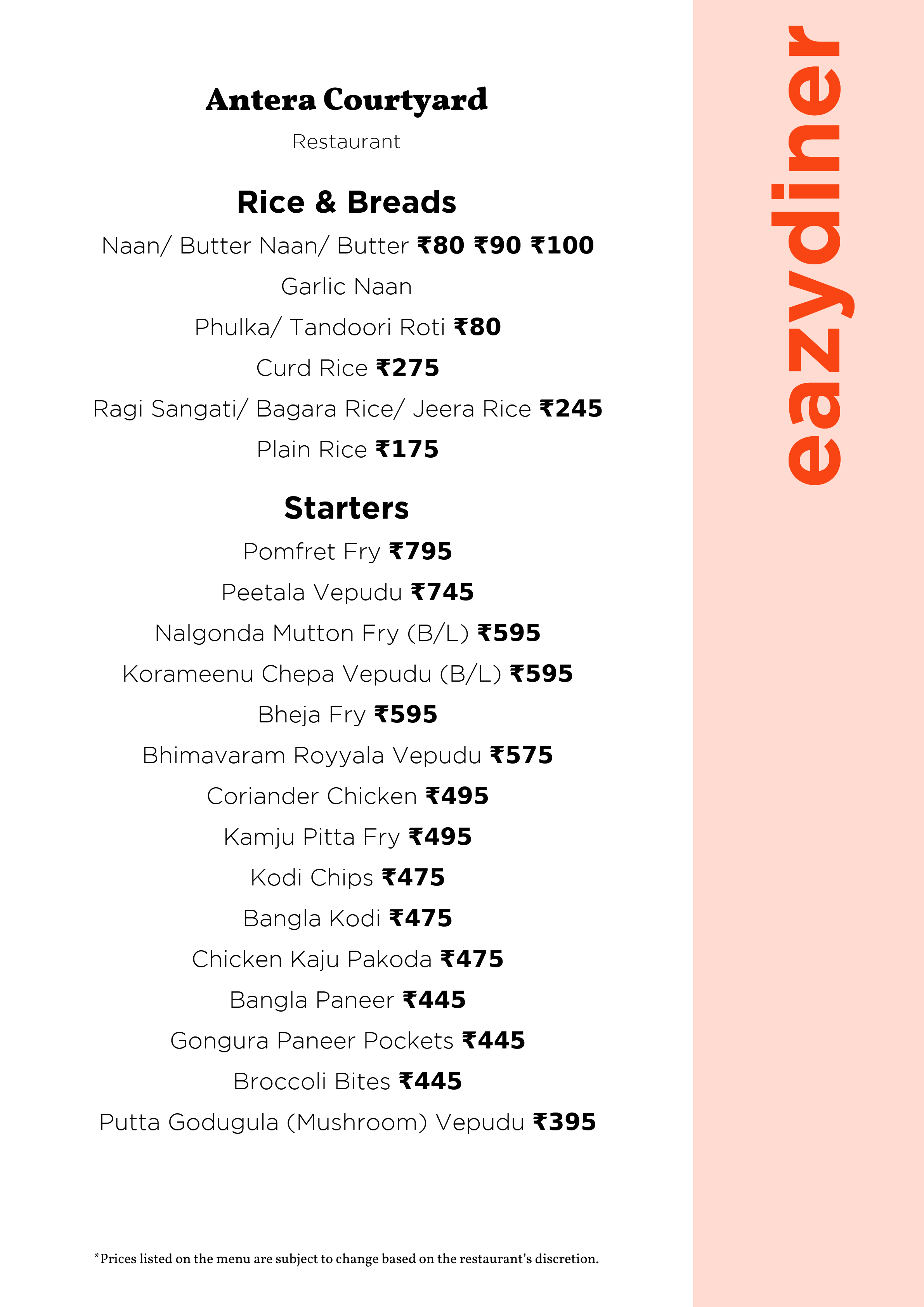 Menu of AnTeRa Courtyard, Nanakramguda, Hyderabad