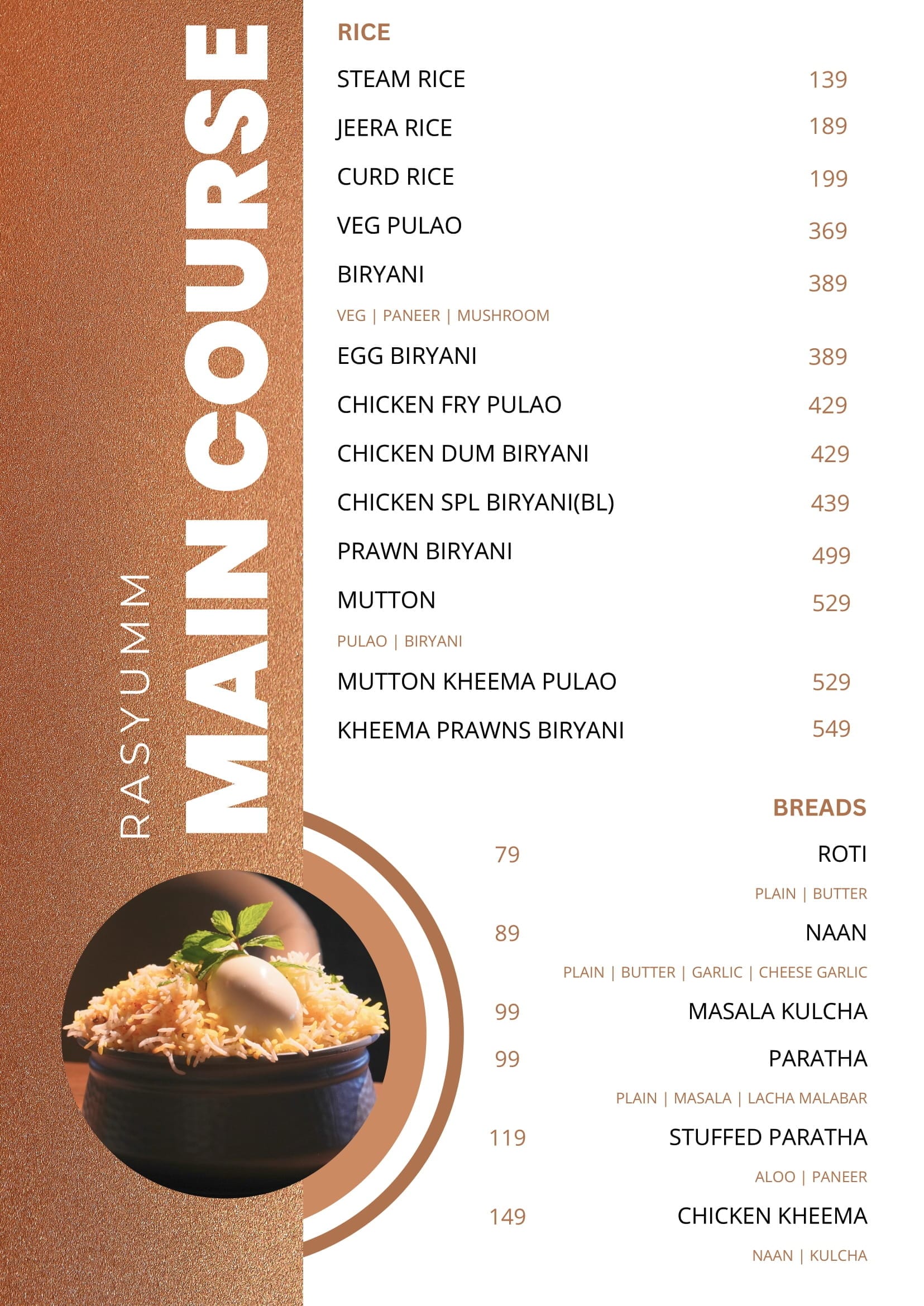 Menu of Rasyumm , Gachibowli, Hyderabad