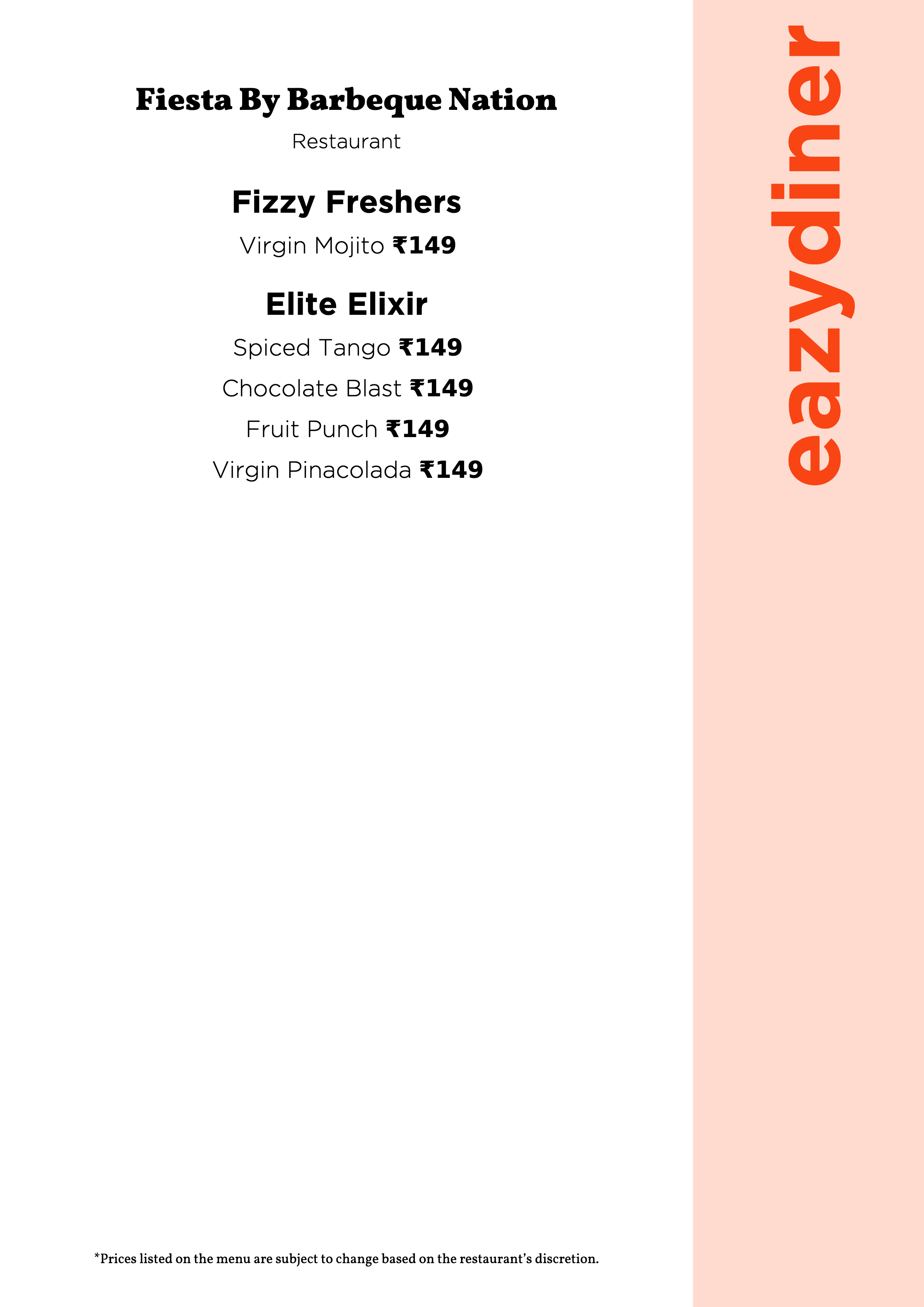Menu of Fiesta By Barbeque Nation, Vega City Mall, Bannerghatta Road