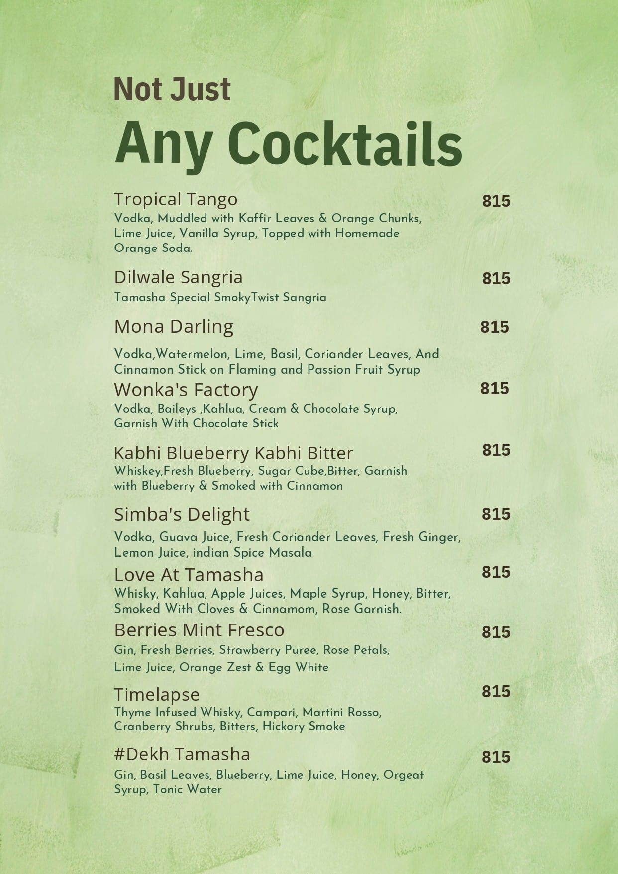 Menu of Not just Tamasha, Worli, South Mumbai