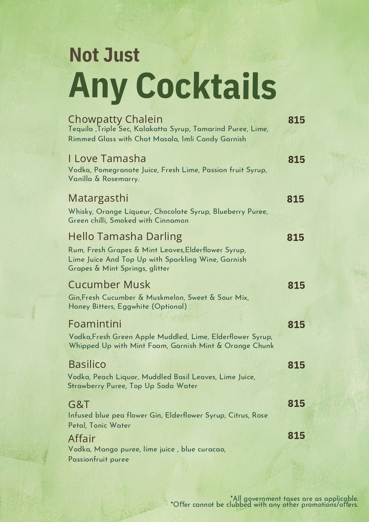 Menu of Not just Tamasha, Worli, South Mumbai