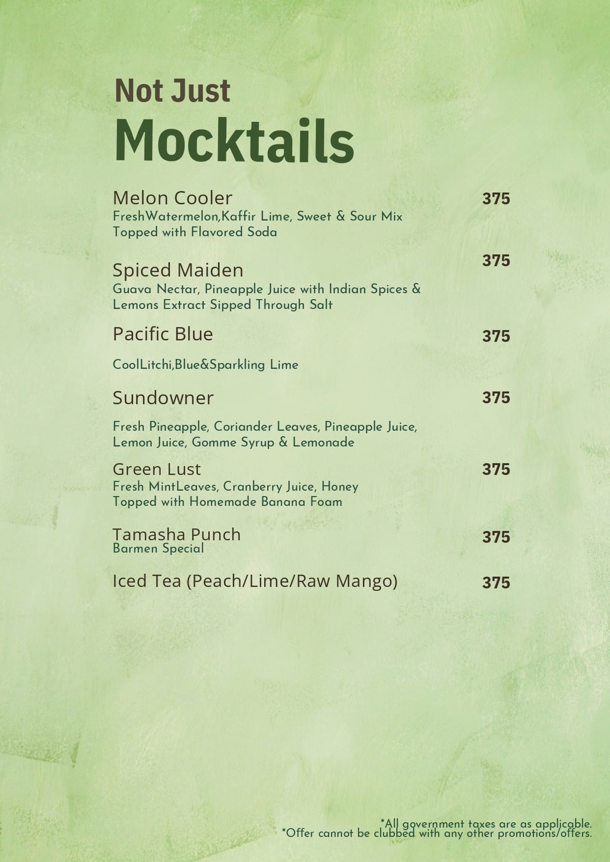 Menu of Not just Tamasha, Worli, South Mumbai