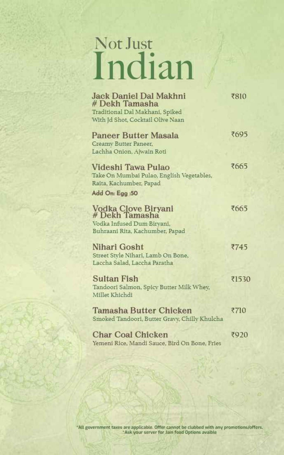 Menu of Not just Tamasha, Worli, South Mumbai