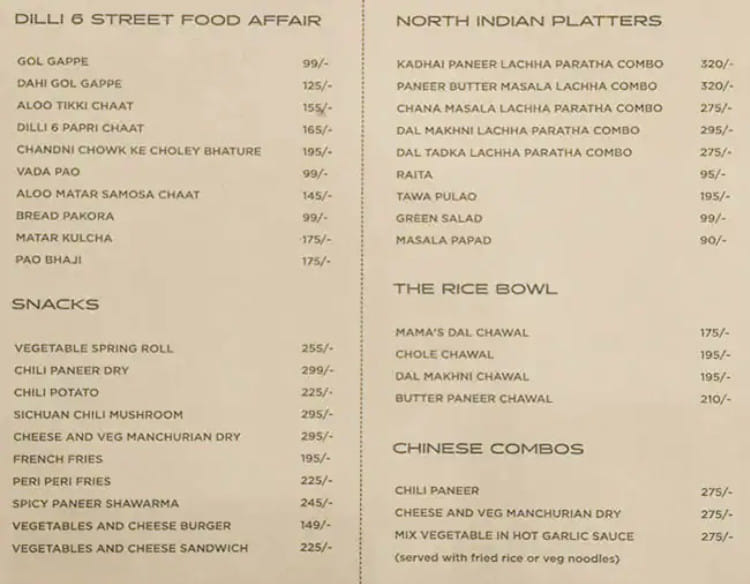 Menu of Kala Cafe, Parliament Street, Central Delhi