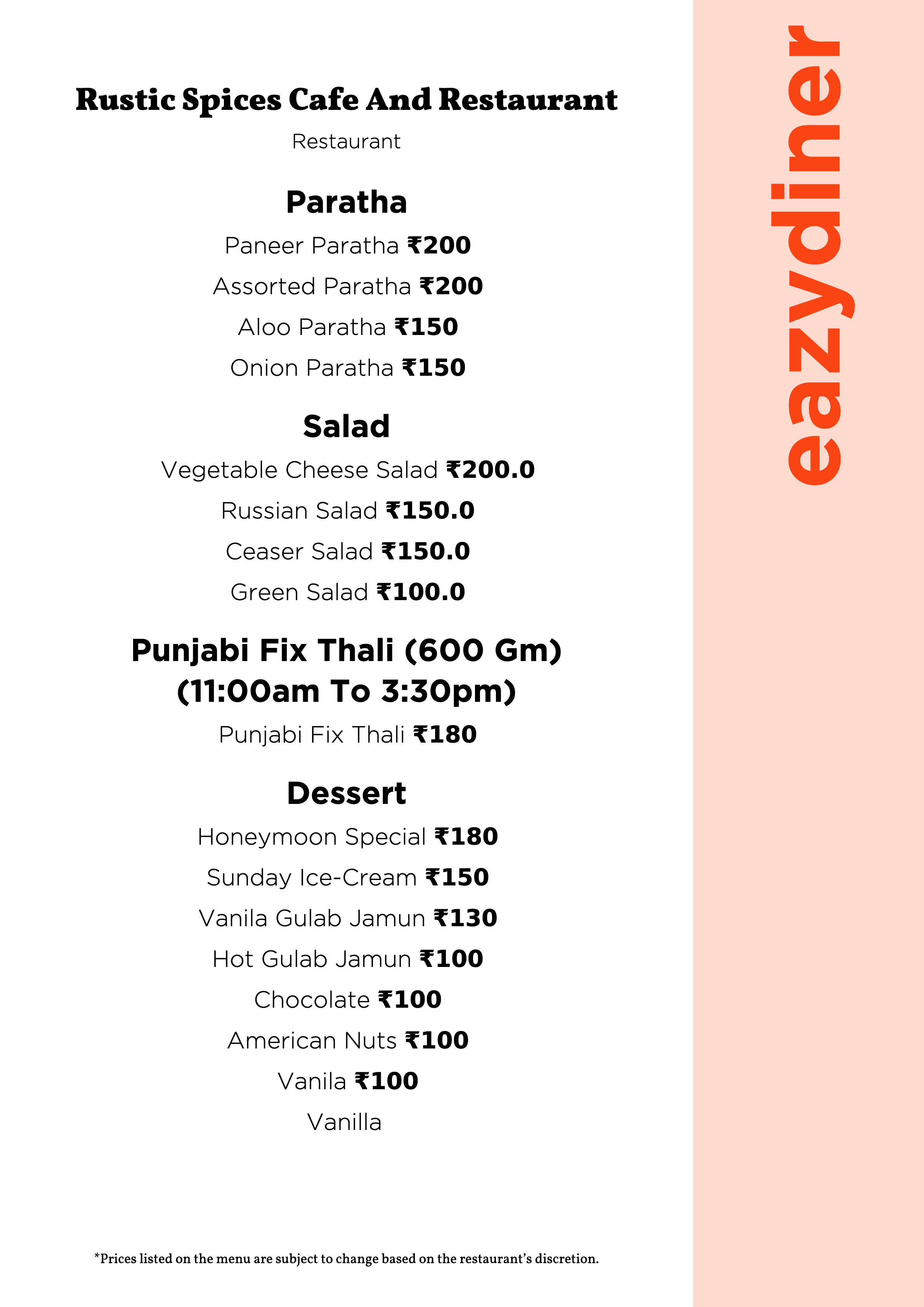 Menu of Rustic Spices Cafe And Restaurant, Bopal, West Ahmedabad