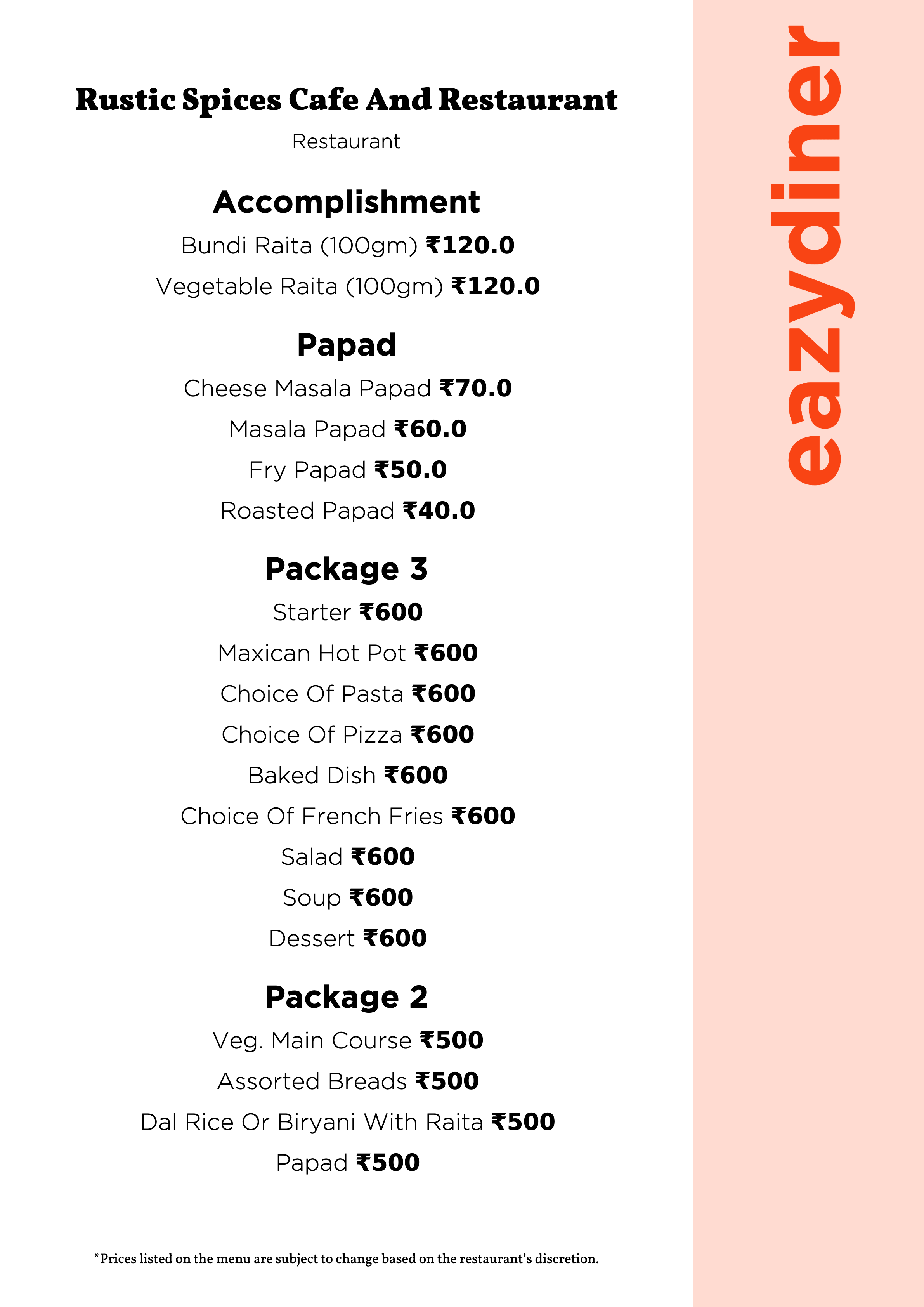 Menu of Rustic Spices Cafe And Restaurant, Bopal, West Ahmedabad