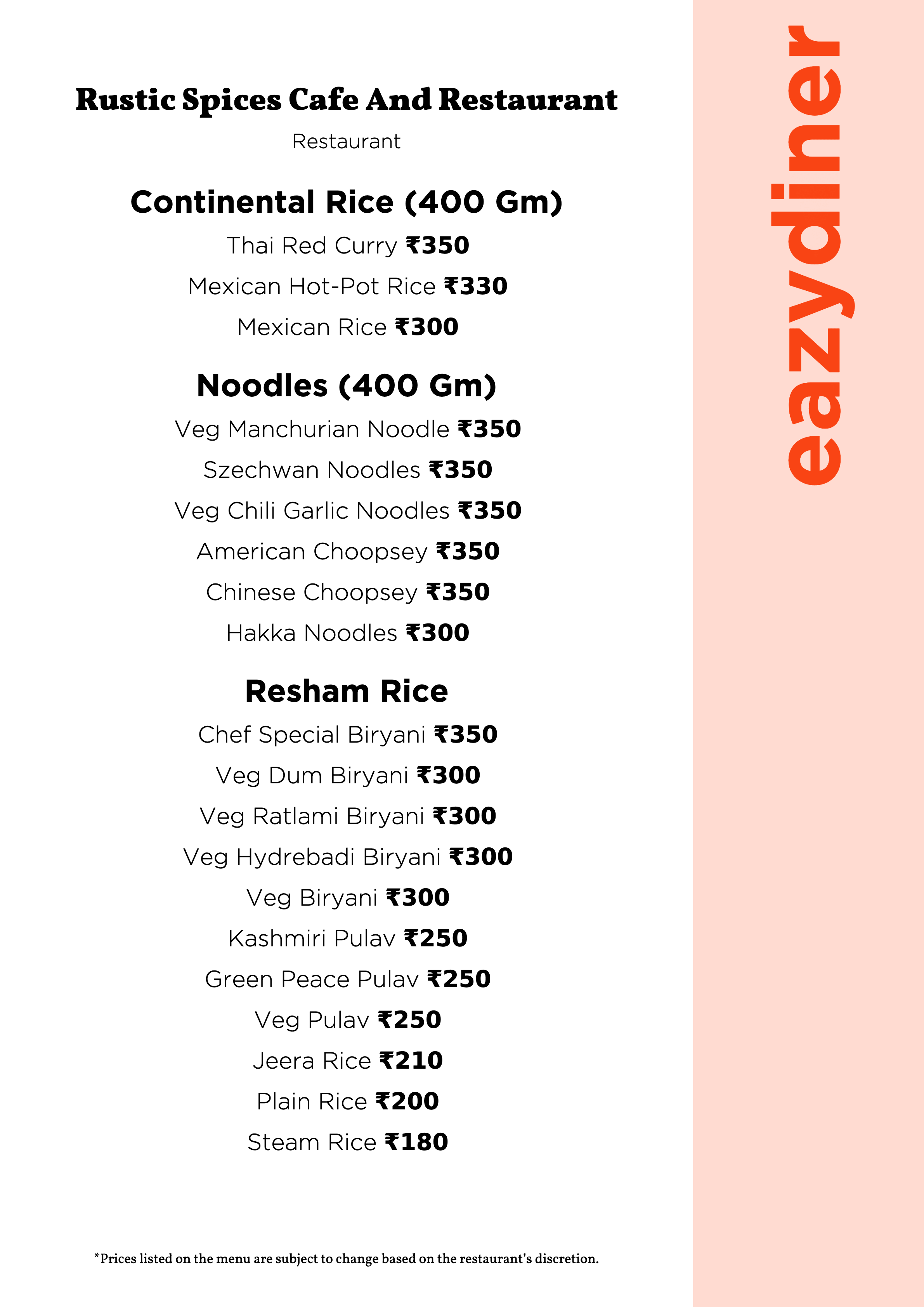 Menu of Rustic Spices Cafe And Restaurant, Bopal, West Ahmedabad