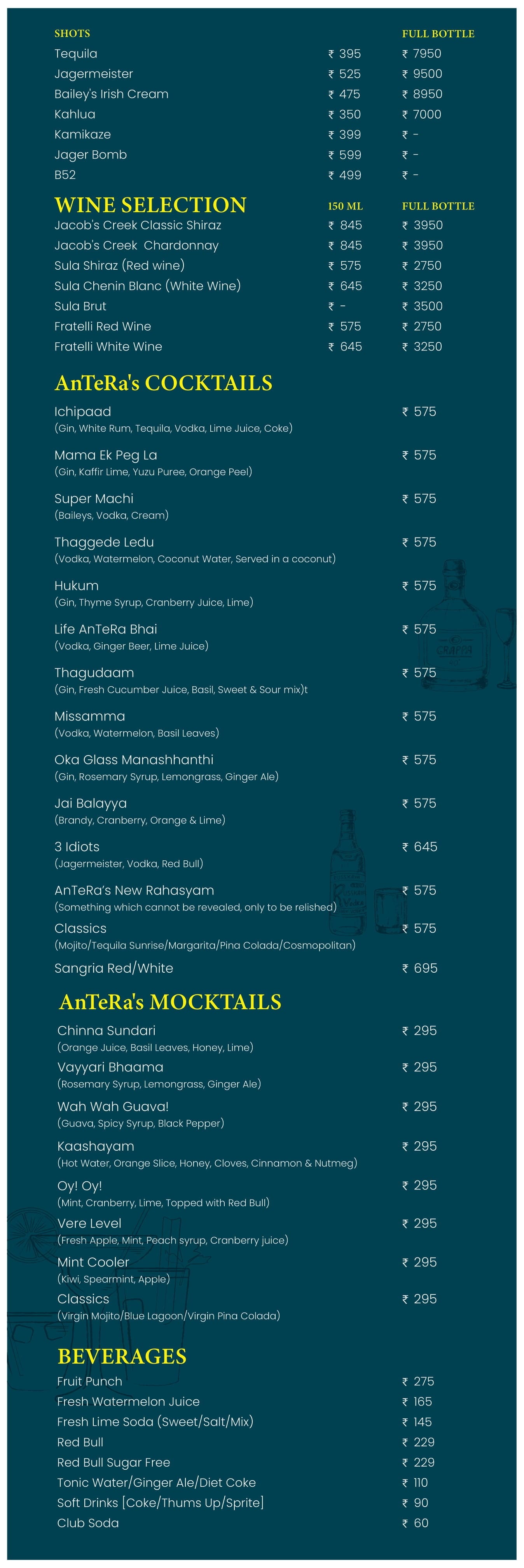 Menu of AnTeRa Kitchen & Bar, Gachibowli, Hyderabad
