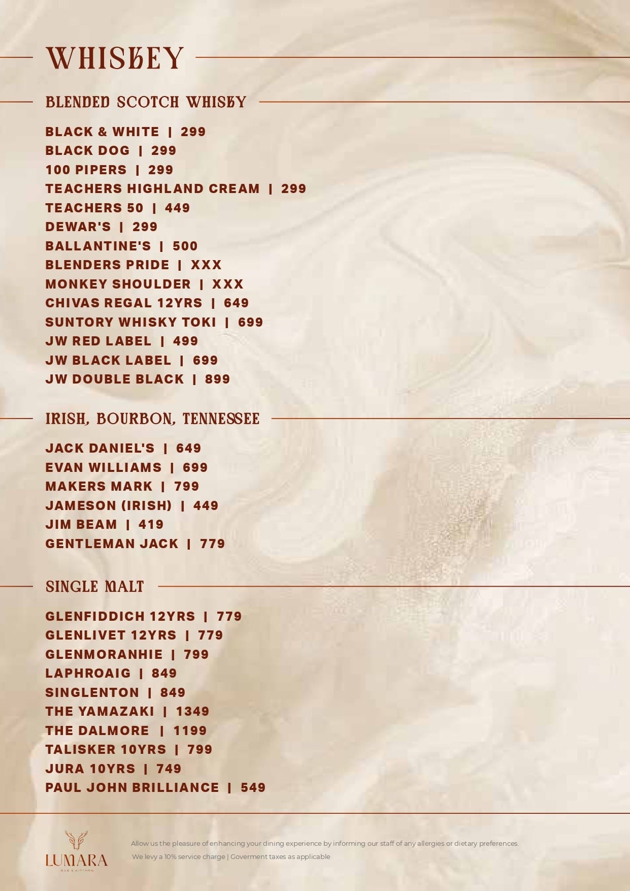 Menu of Lumara Bar & Kitchen, Old Madras Road, East Bengaluru