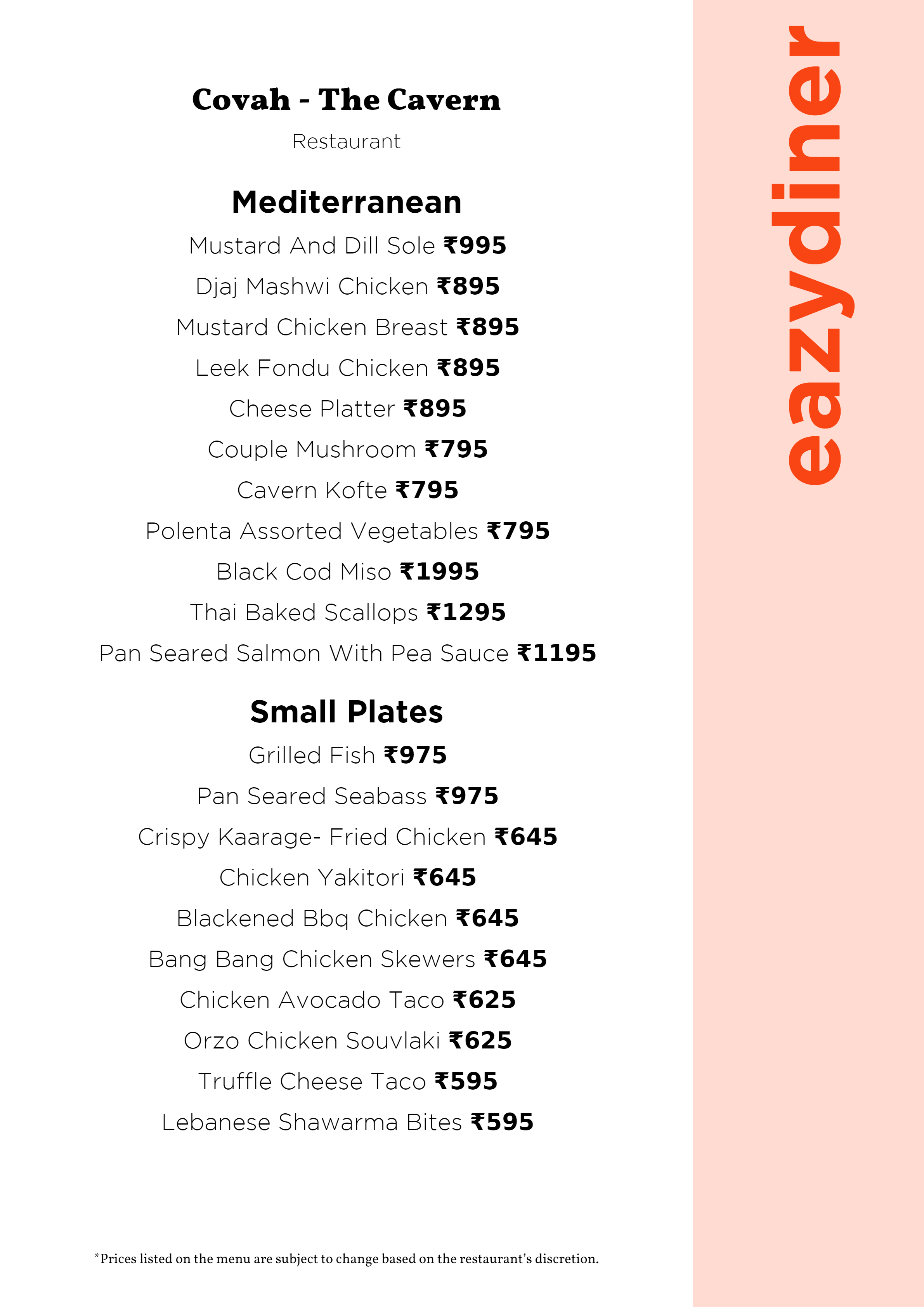 Menu of Covah - The Cavern, Sector 43, Gurgaon