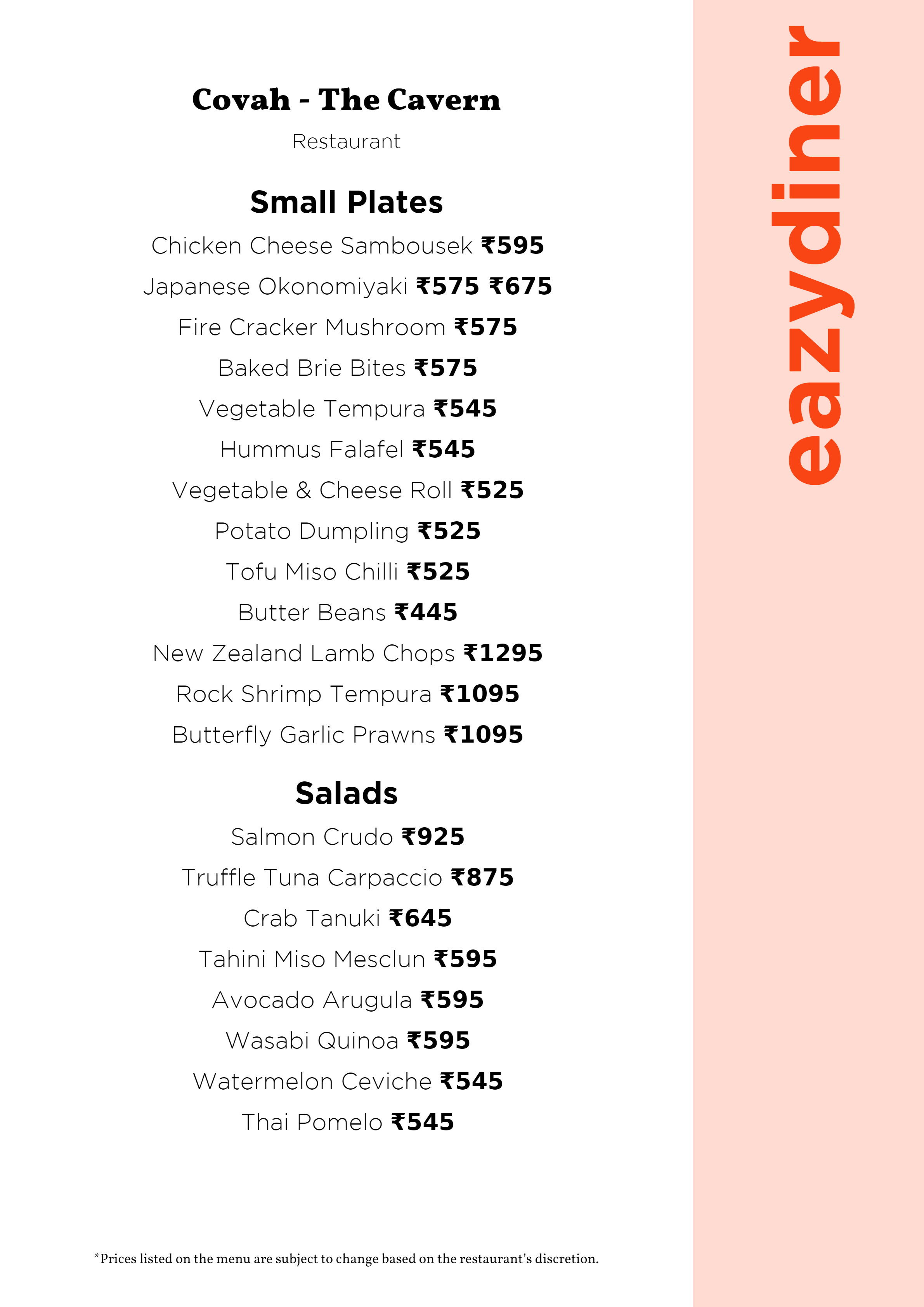 Menu of Covah - The Cavern, Sector 43, Gurgaon