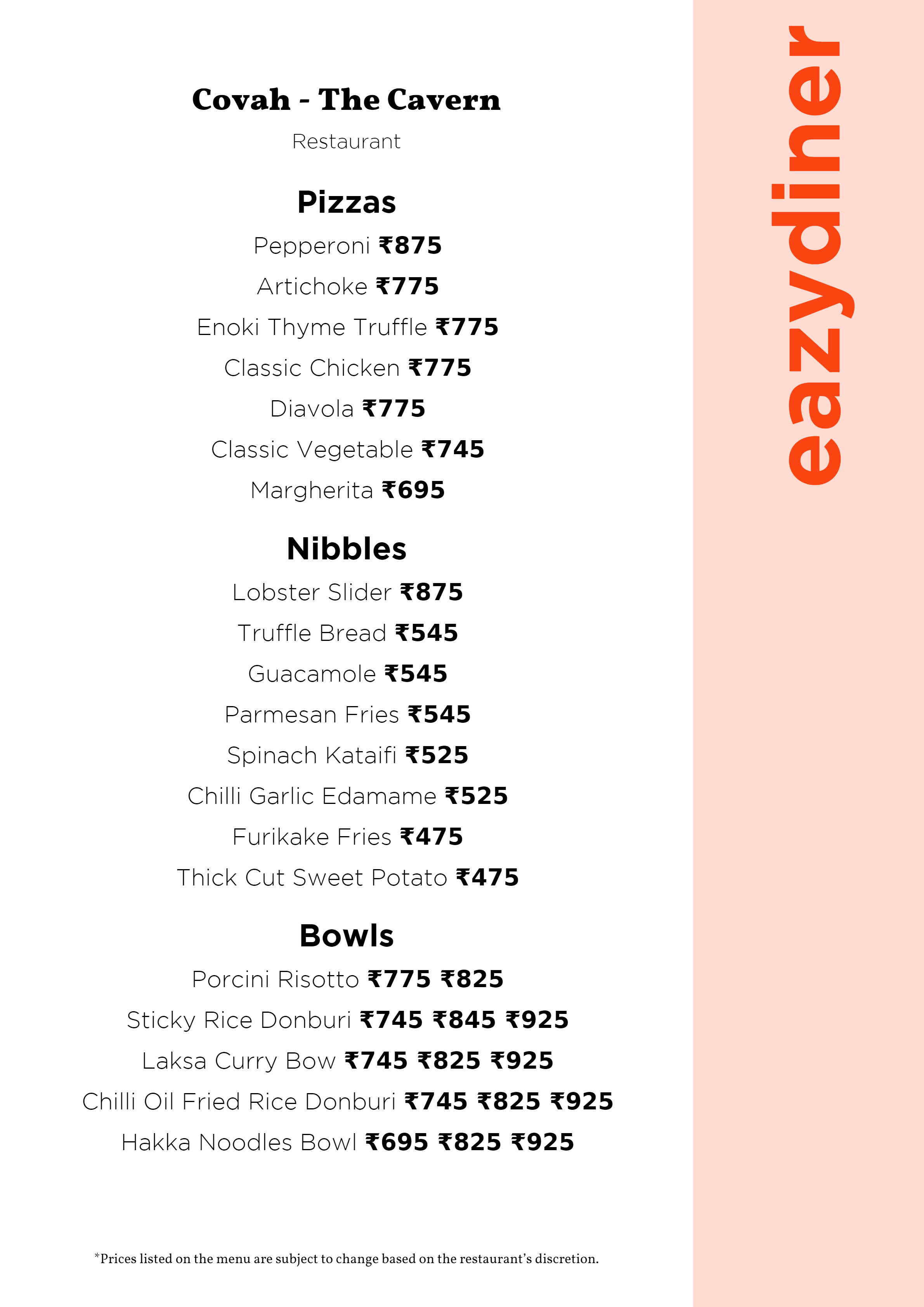 Menu of Covah - The Cavern, Sector 43, Gurgaon