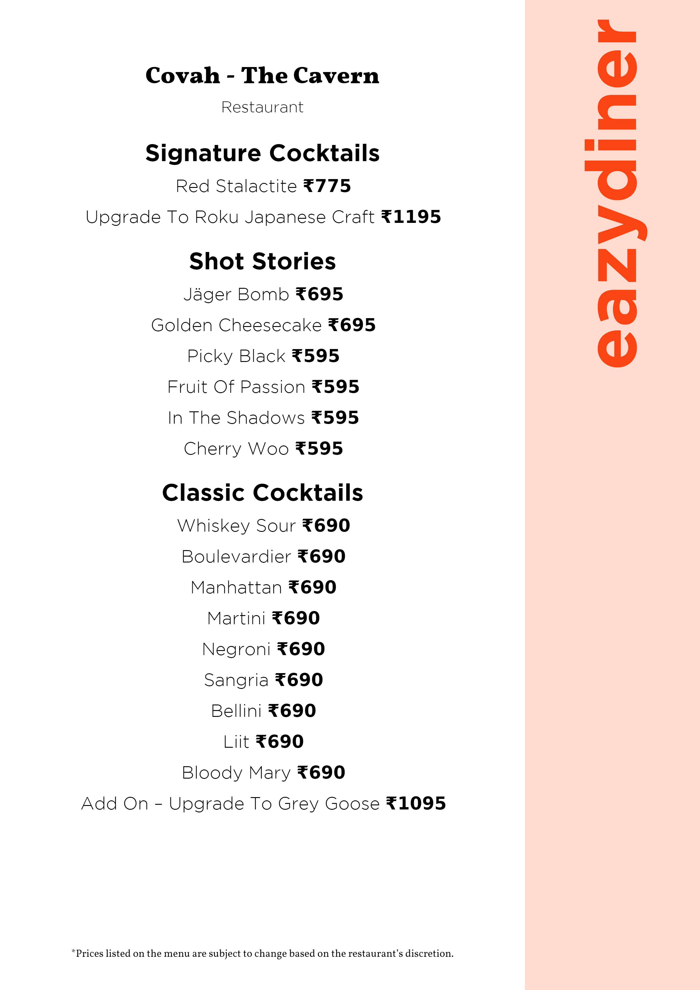 Menu of Covah - The Cavern, Sector 43, Gurgaon