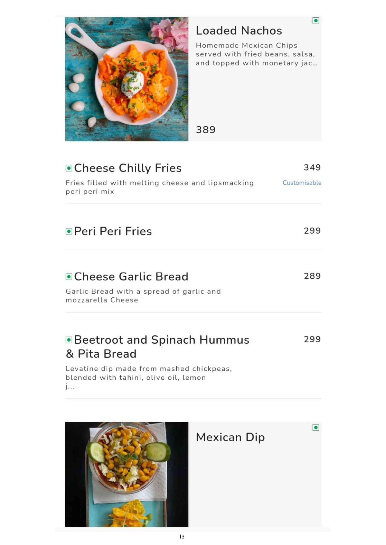 Menu of Pimlico, Kothrud, Pune