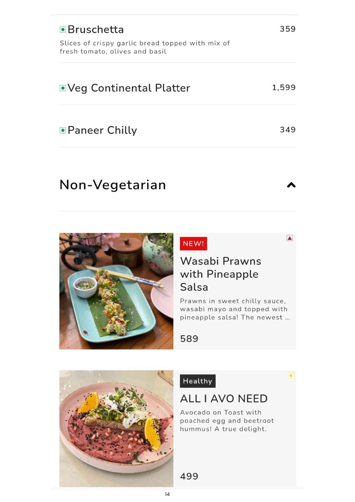 Menu of Pimlico, Kothrud, Pune