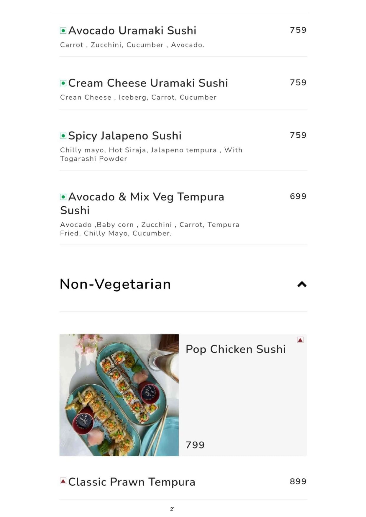 Menu of Pimlico, Kothrud, Pune