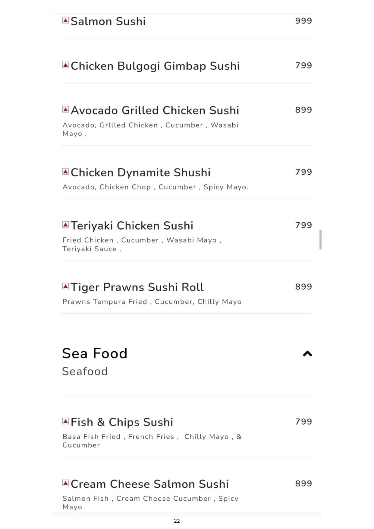 Menu of Pimlico, Kothrud, Pune