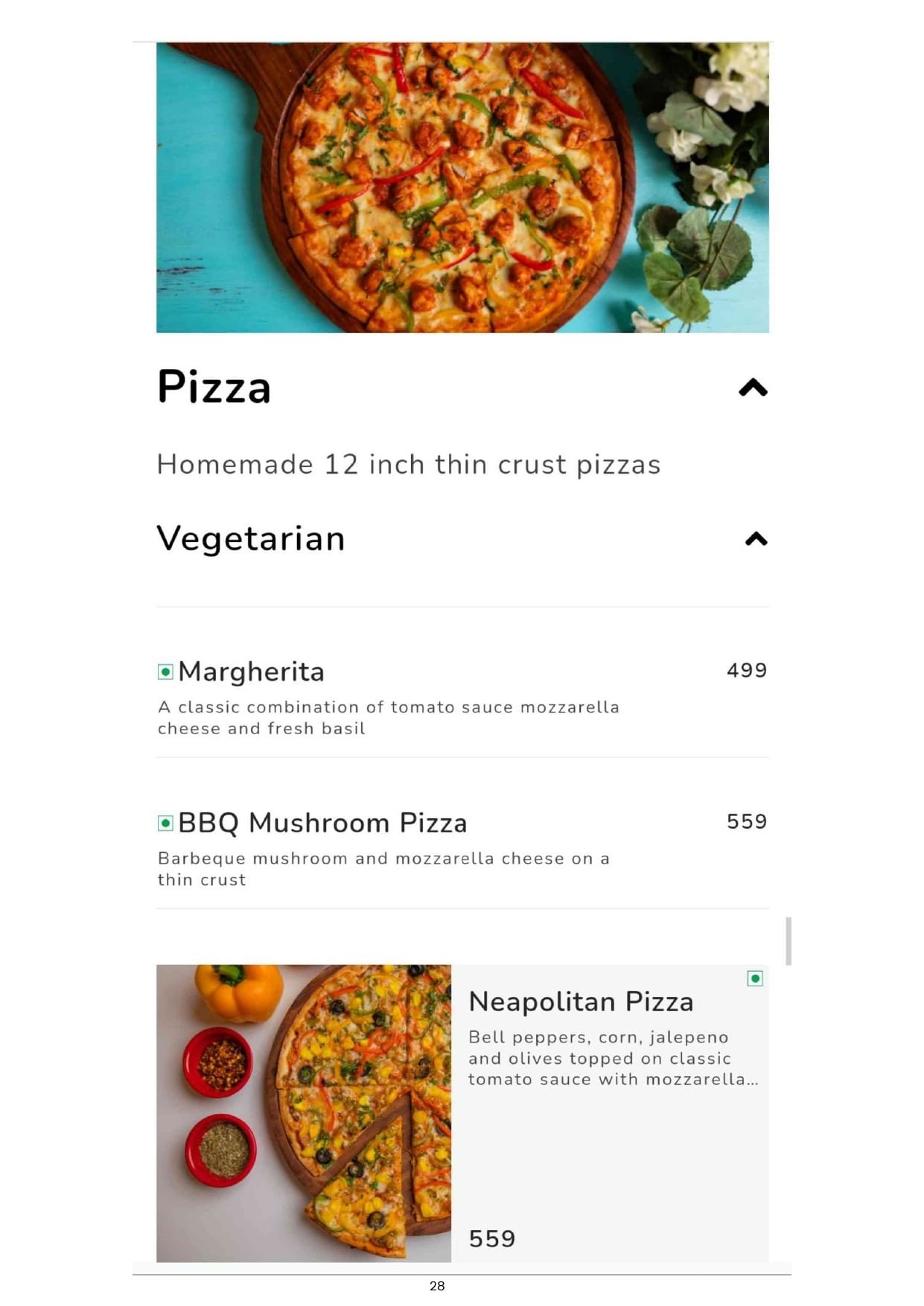 Menu of Pimlico, Kothrud, Pune