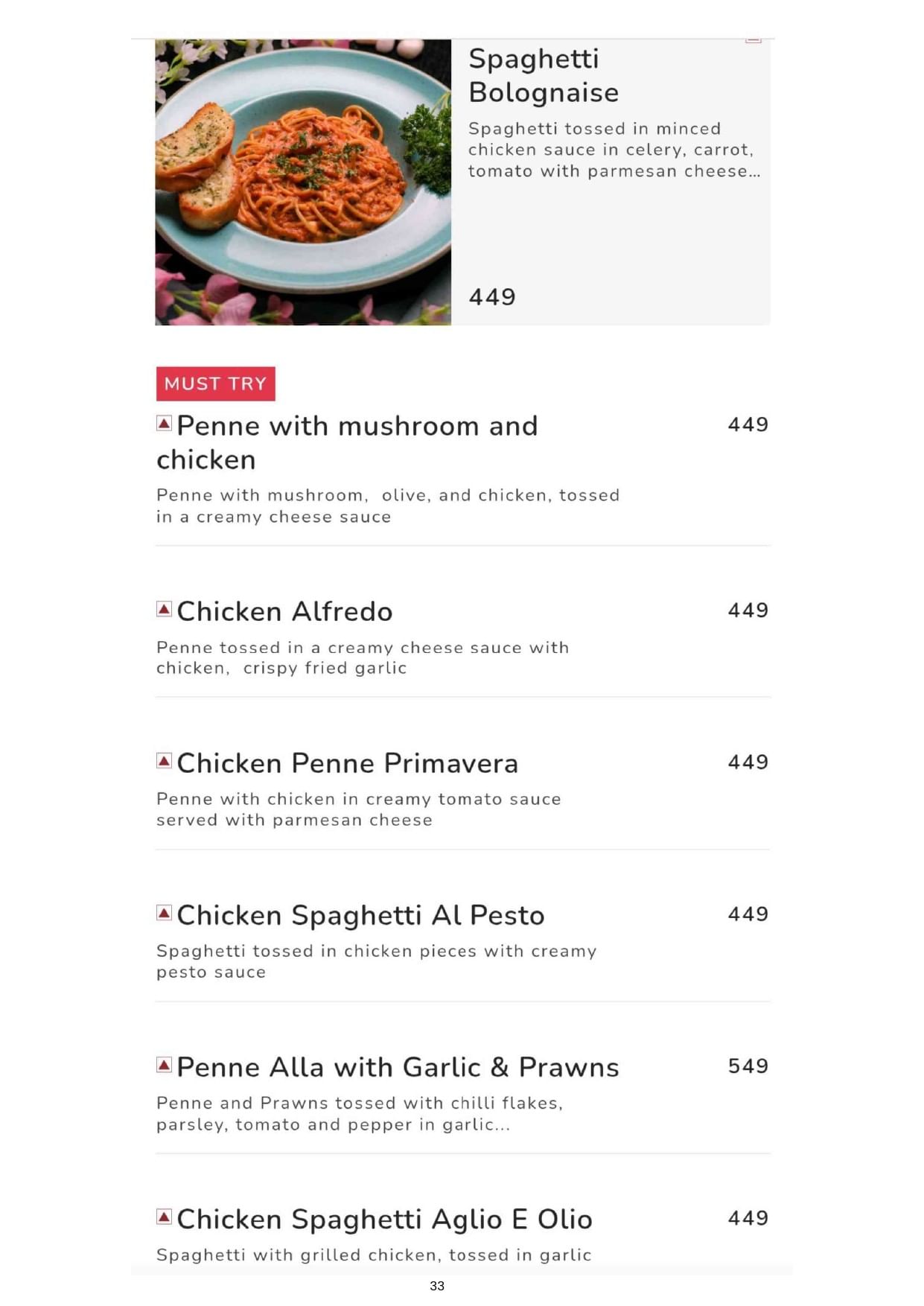 Menu of Pimlico, Kothrud, Pune