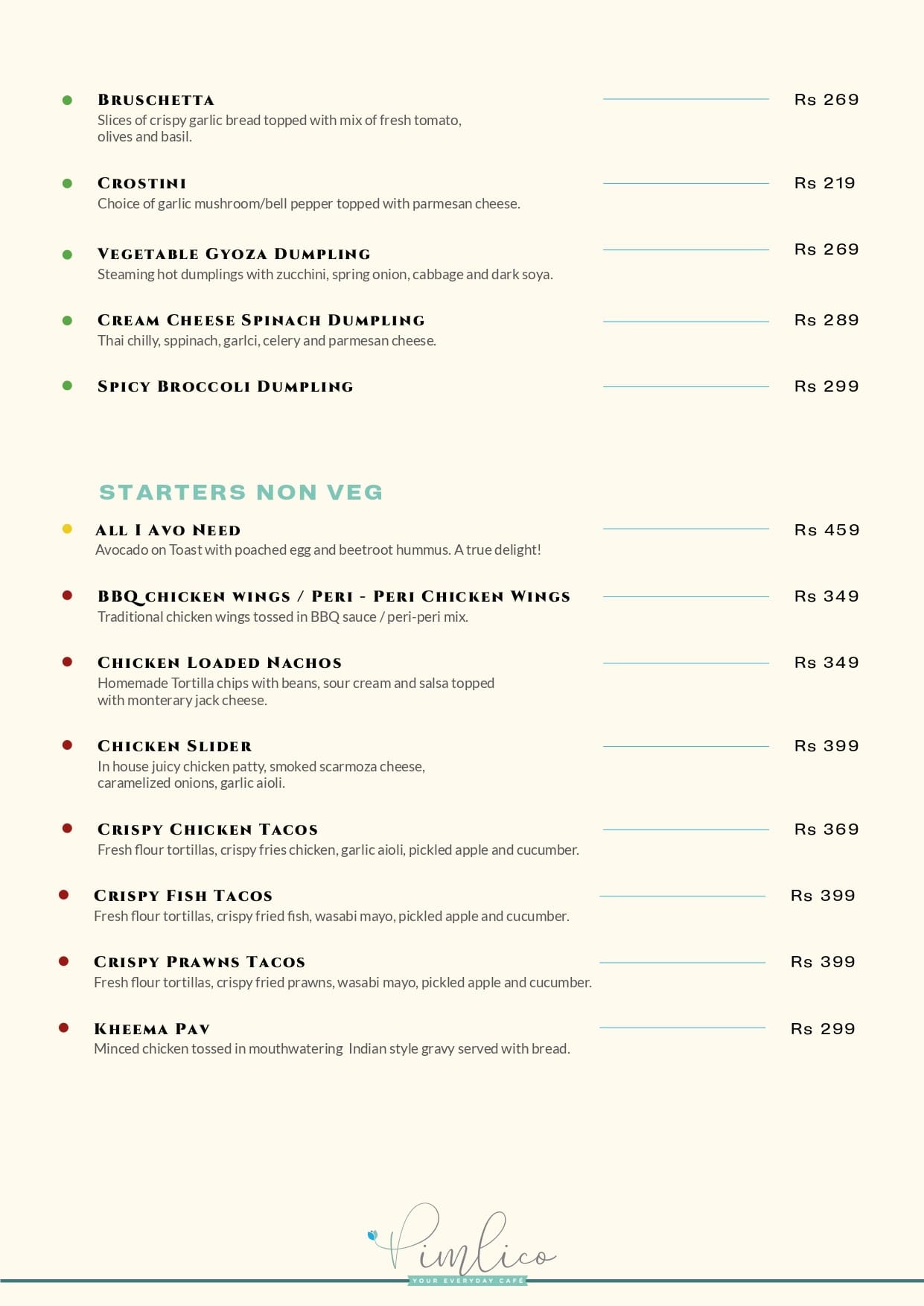 Menu of Pimlico, Koregaon Park, Pune