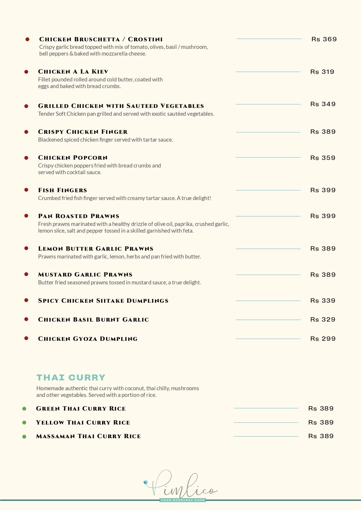 Menu of Pimlico, Koregaon Park, Pune