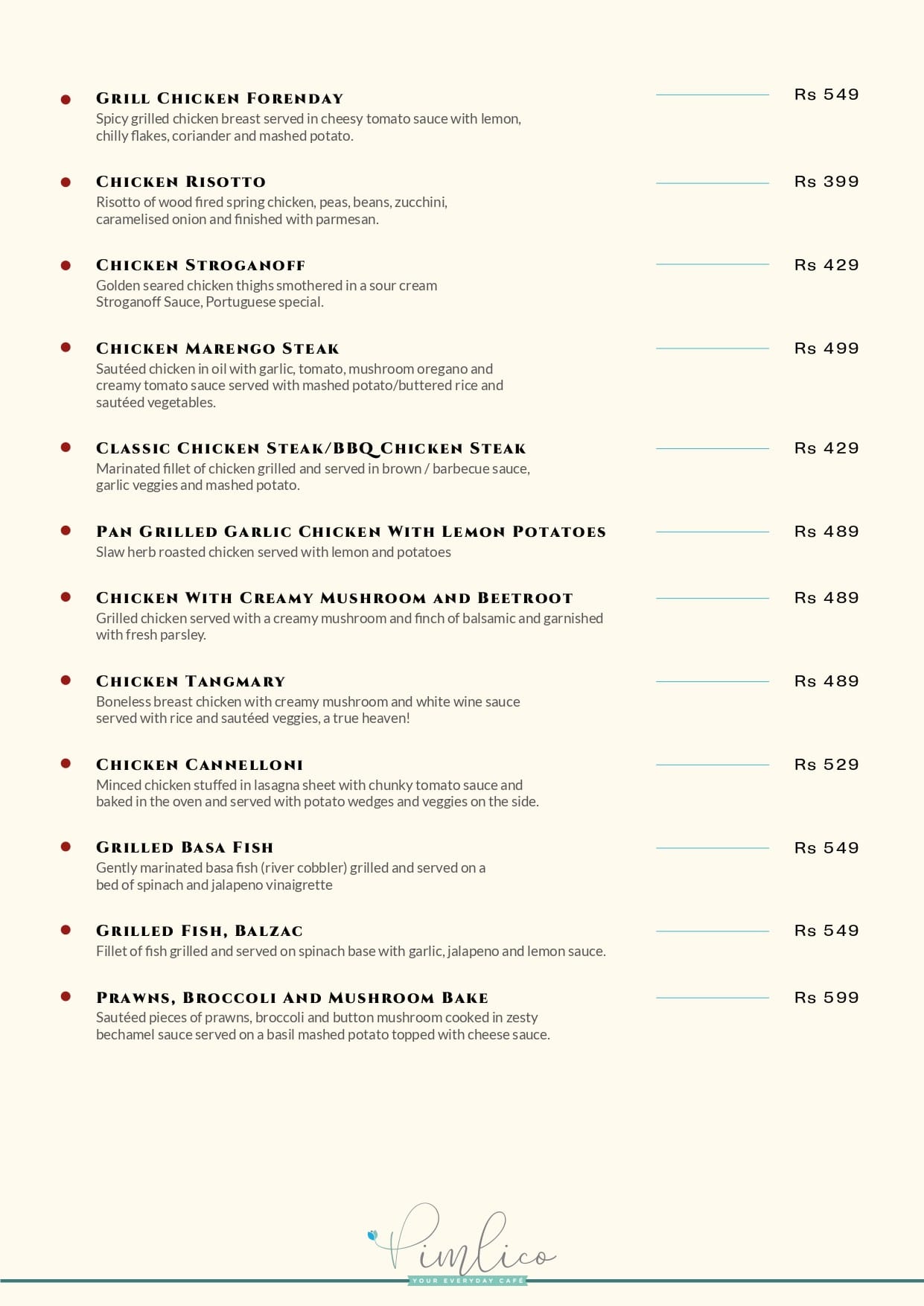 Menu of Pimlico, Koregaon Park, Pune