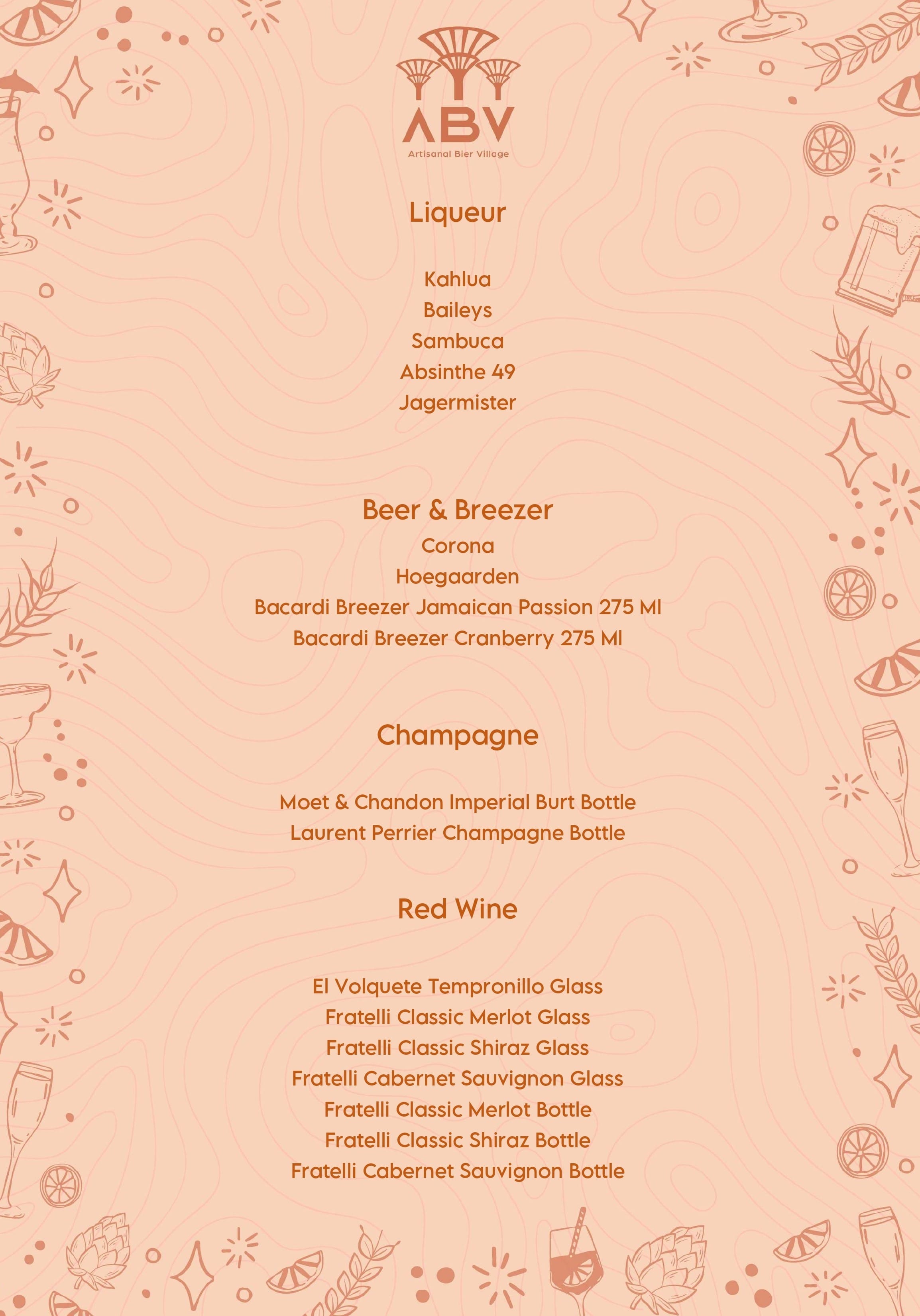 Menu of ABV- Artisanal Bier Village, Whitefield, East Bengaluru