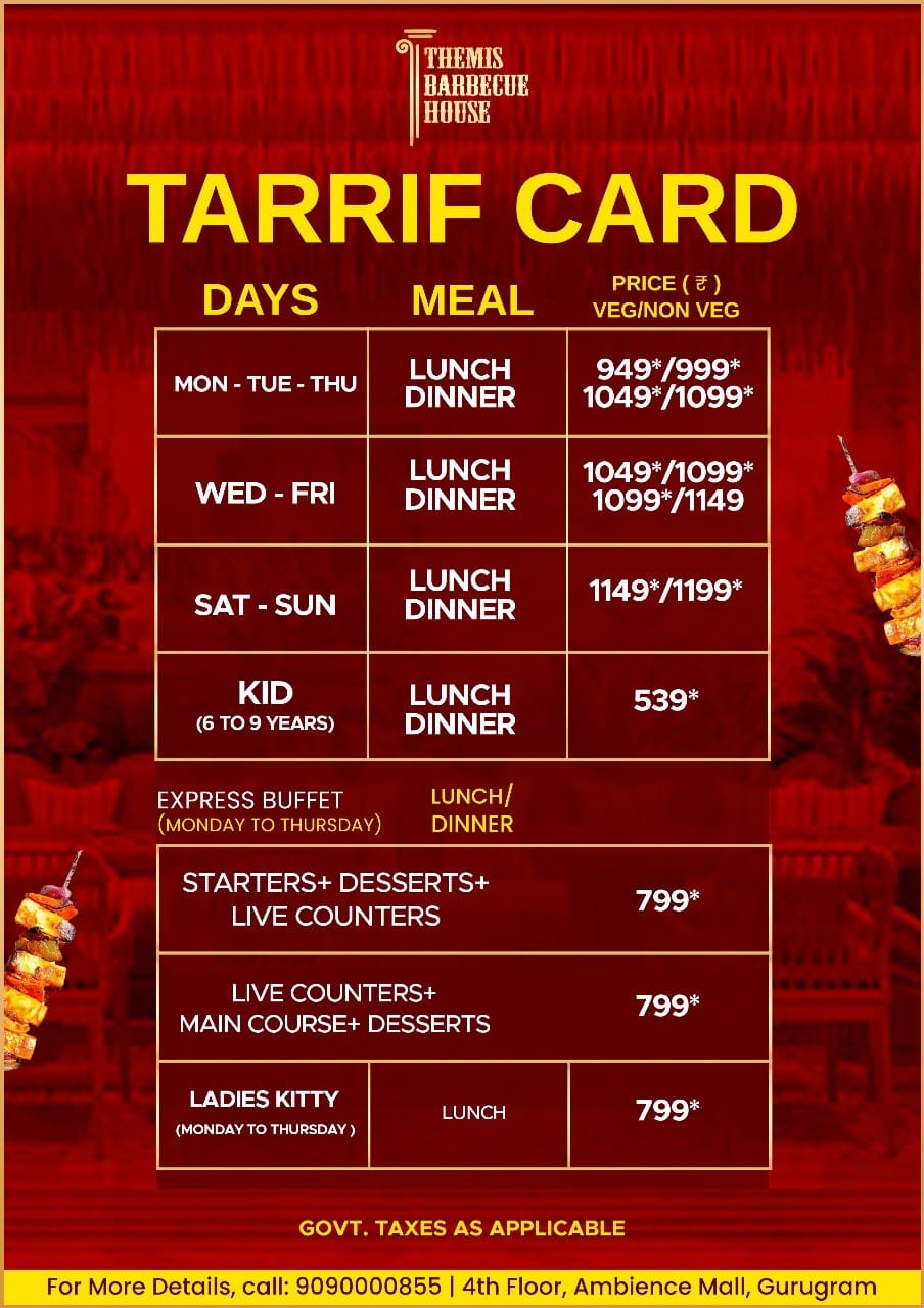 Menu of Themis Barbecue House, Ambience Mall, Gurgaon