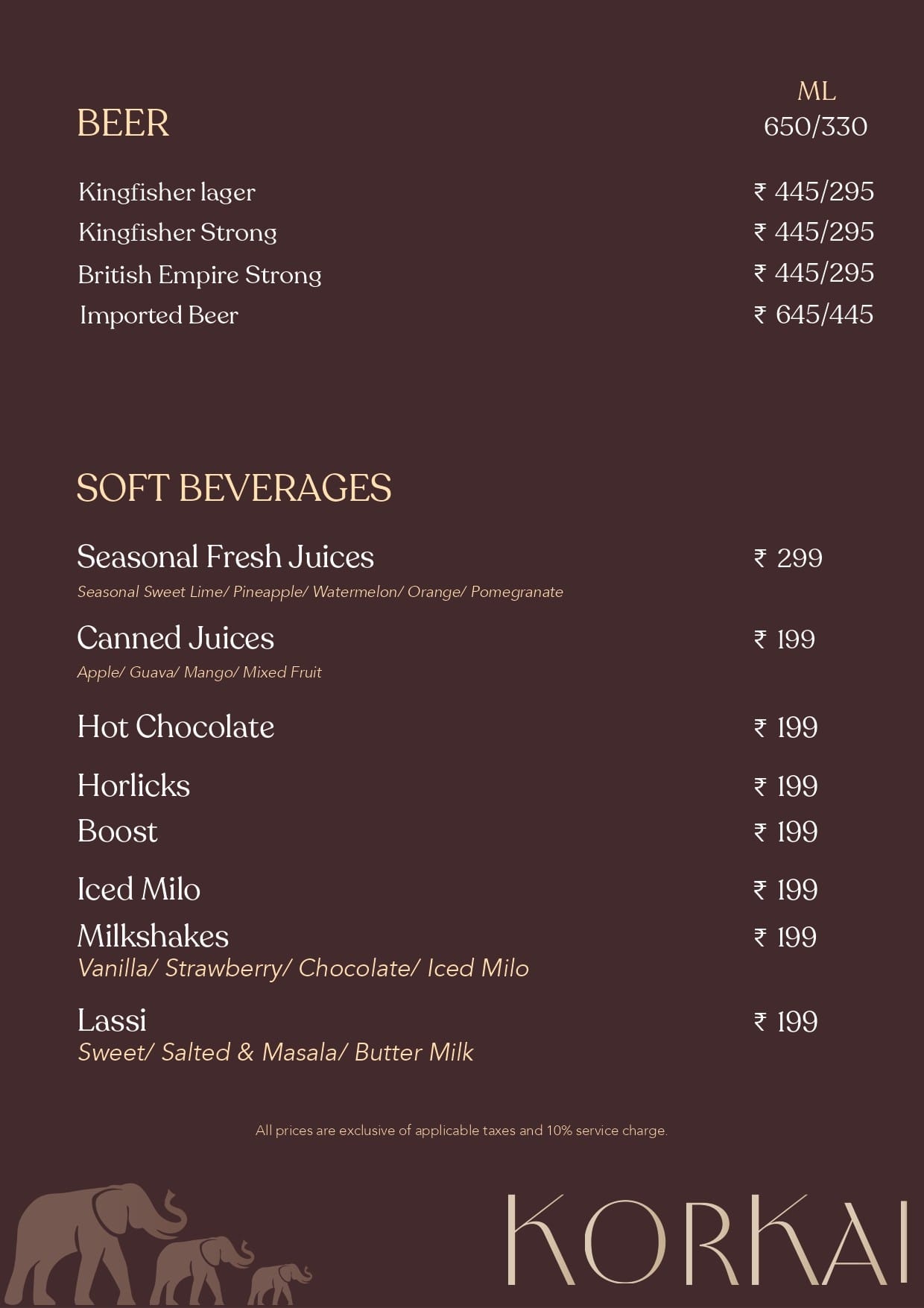 Menu of Korkai, VGP Golden Beach Resort, Chennai