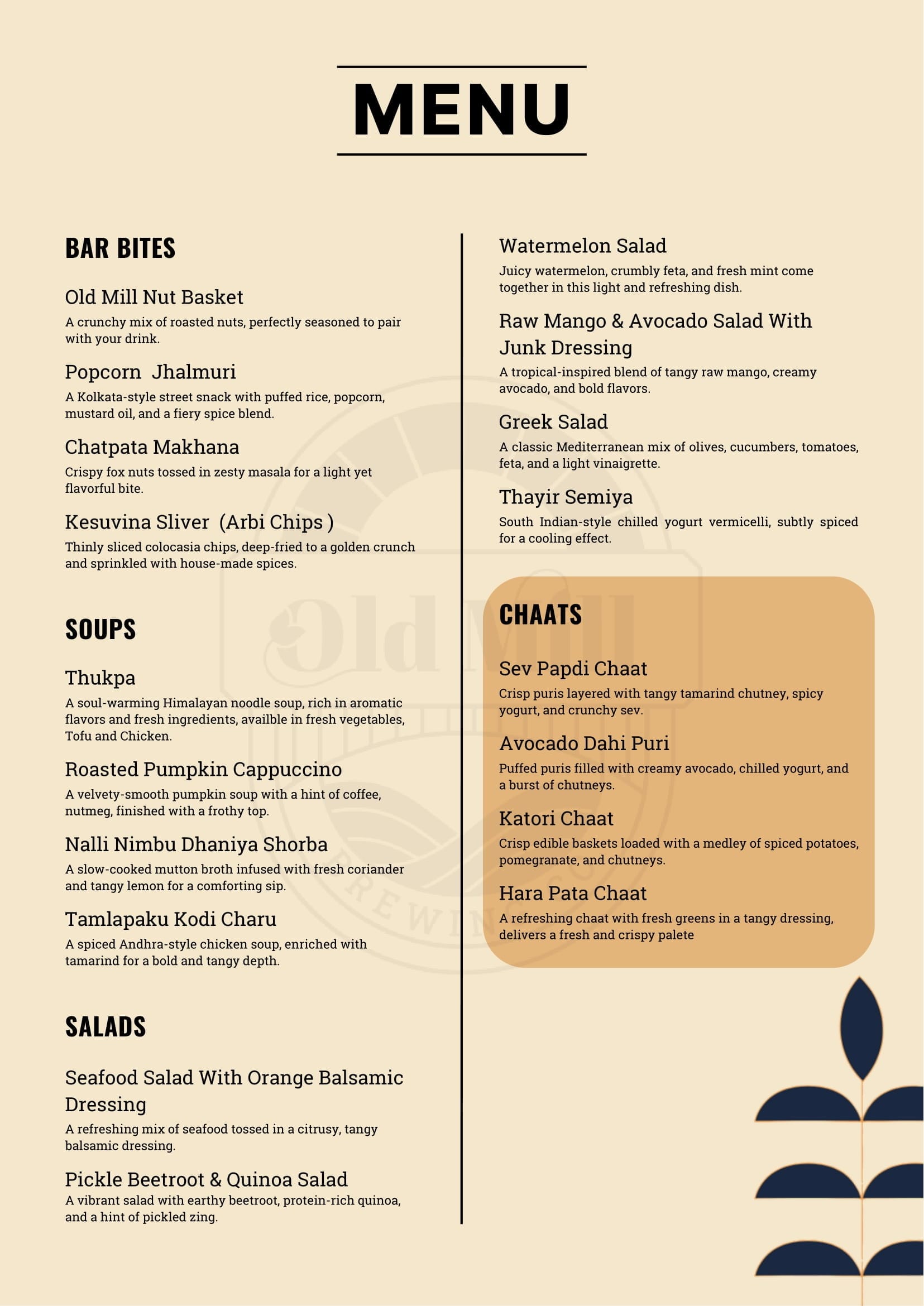 Menu of Old Mill, Varthur Main Road, Whitefield