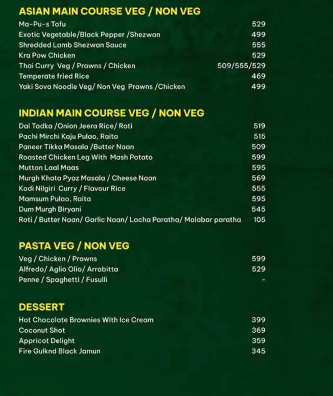 Menu of Quake Arena, Kondapur, Hyderabad