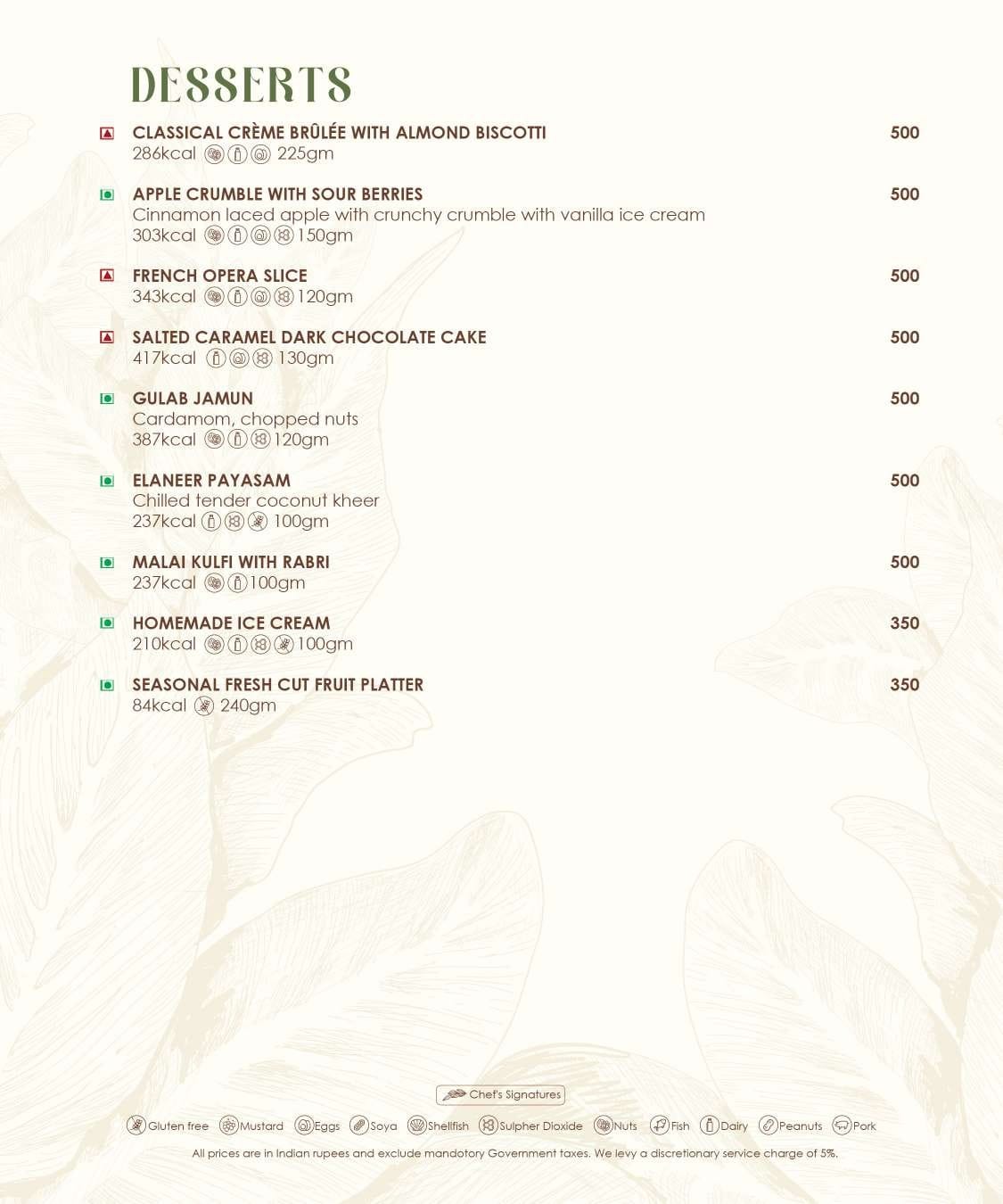 Menu of Park Brasserie, Park Hyatt Chennai
