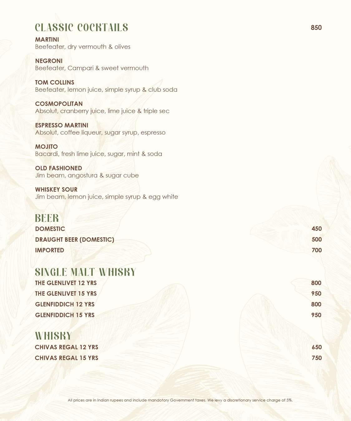 Menu of Park Brasserie, Park Hyatt Chennai