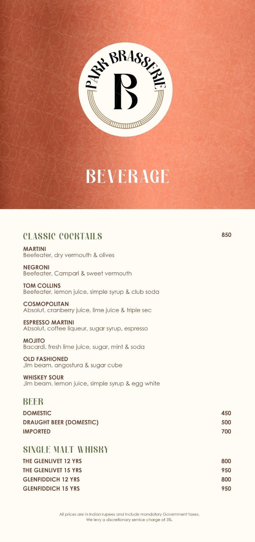 Menu of Park Brasserie, Park Hyatt Chennai