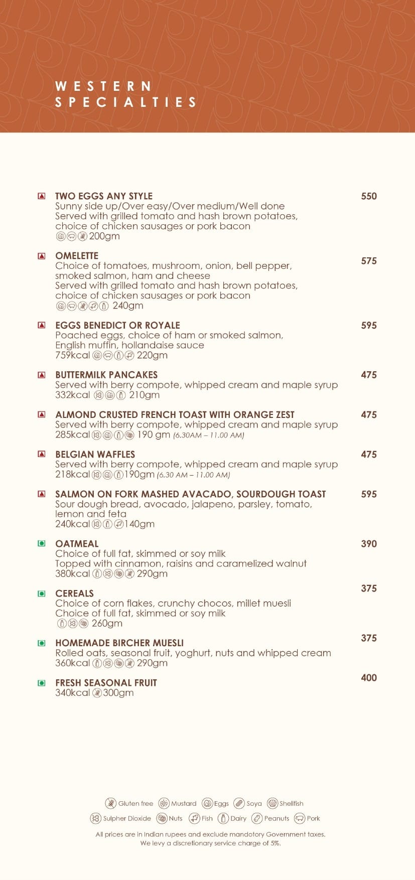 Menu of Park Brasserie, Park Hyatt Chennai