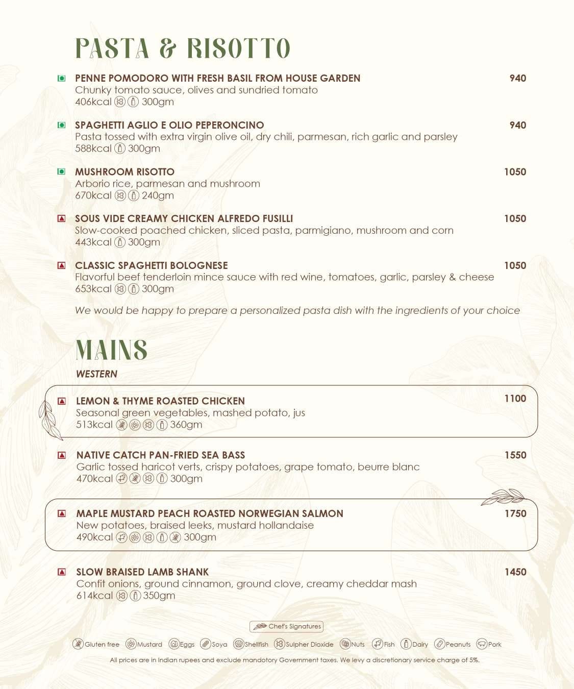 Menu of Park Brasserie, Park Hyatt Chennai