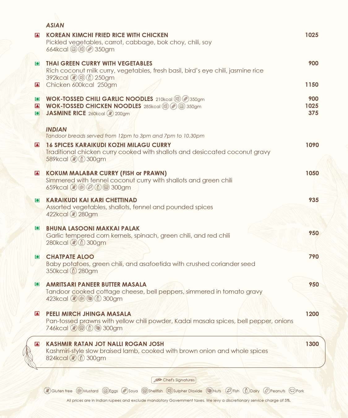 Menu of Park Brasserie, Park Hyatt Chennai