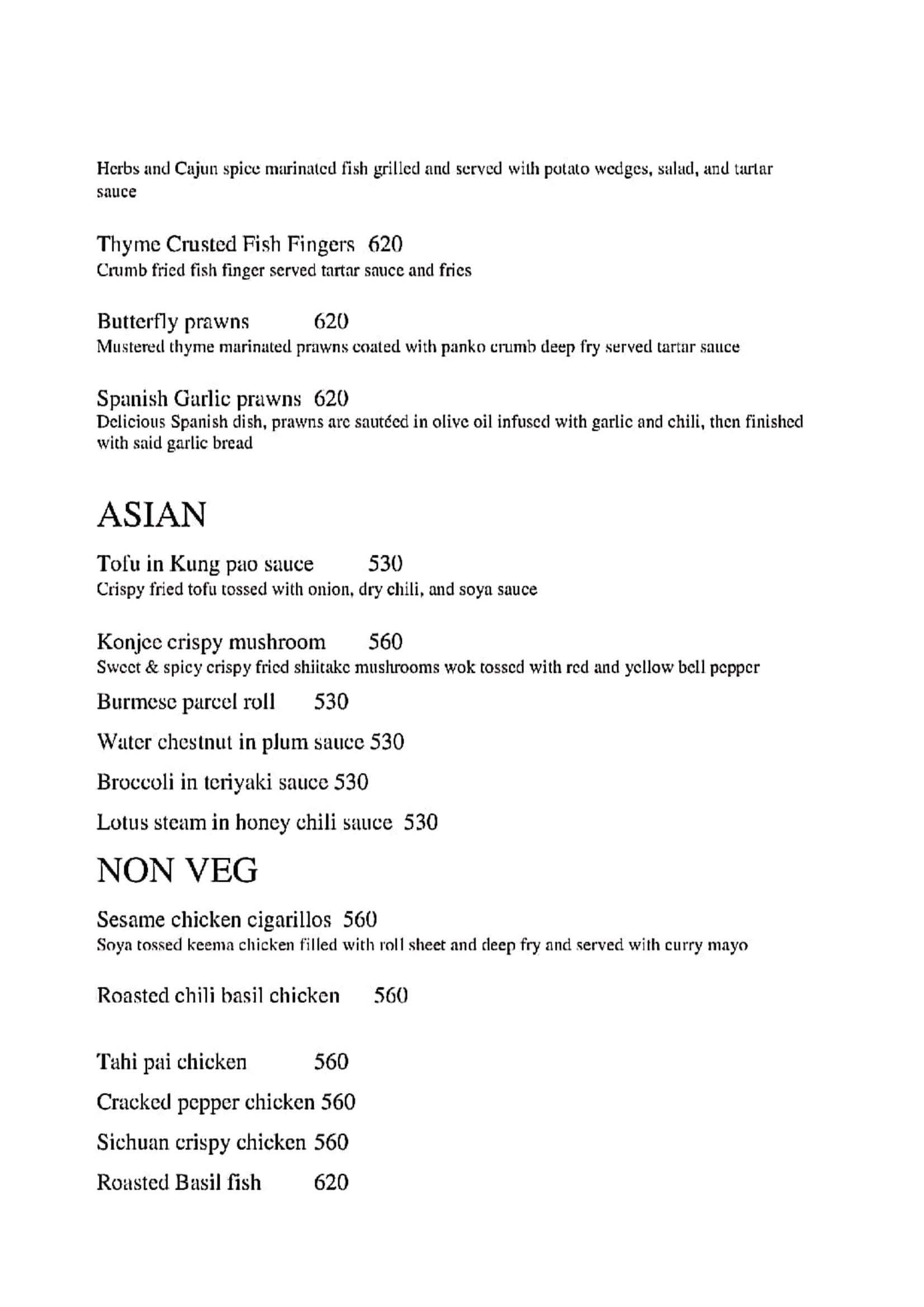 Menu of Makau, Jubilee Hills, Hyderabad