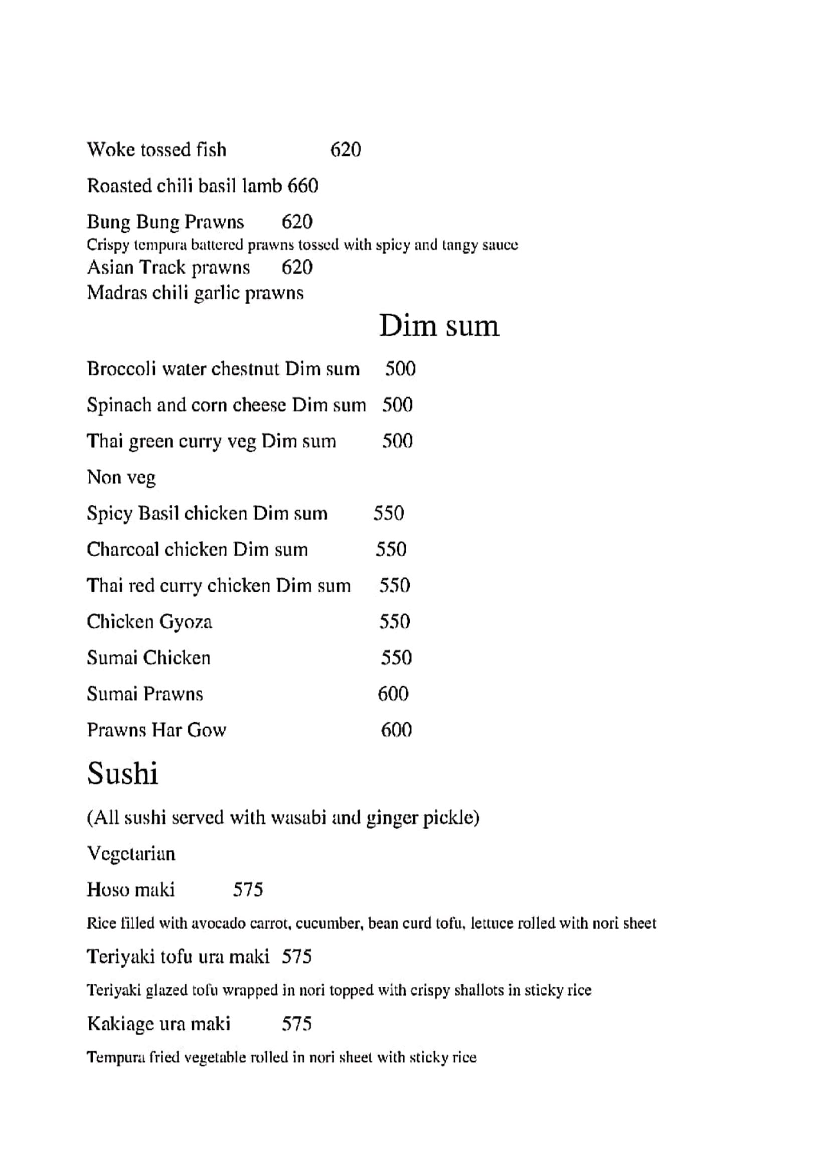 Menu of Makau, Jubilee Hills, Hyderabad