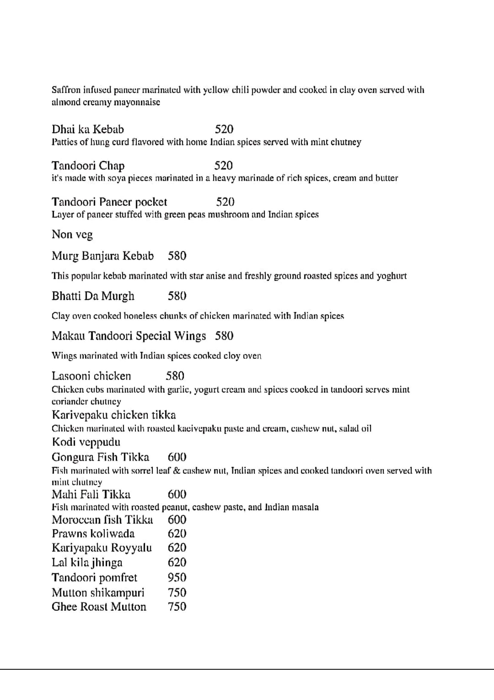 Menu of Makau, Jubilee Hills, Hyderabad