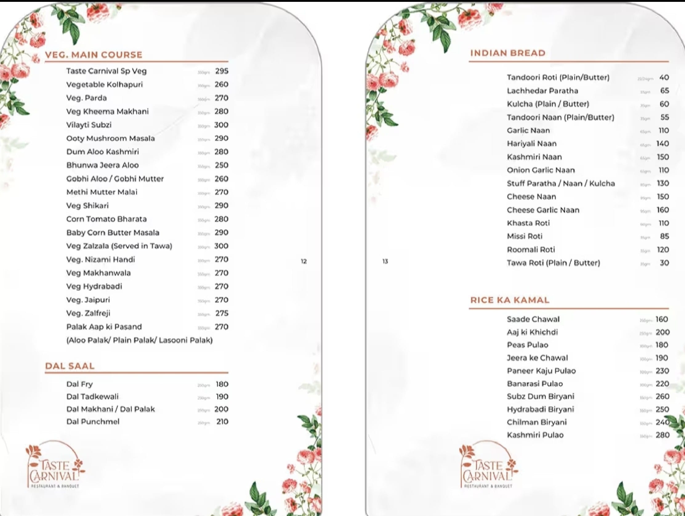 Menu of Taste Carnival, Gotri, Vadodara