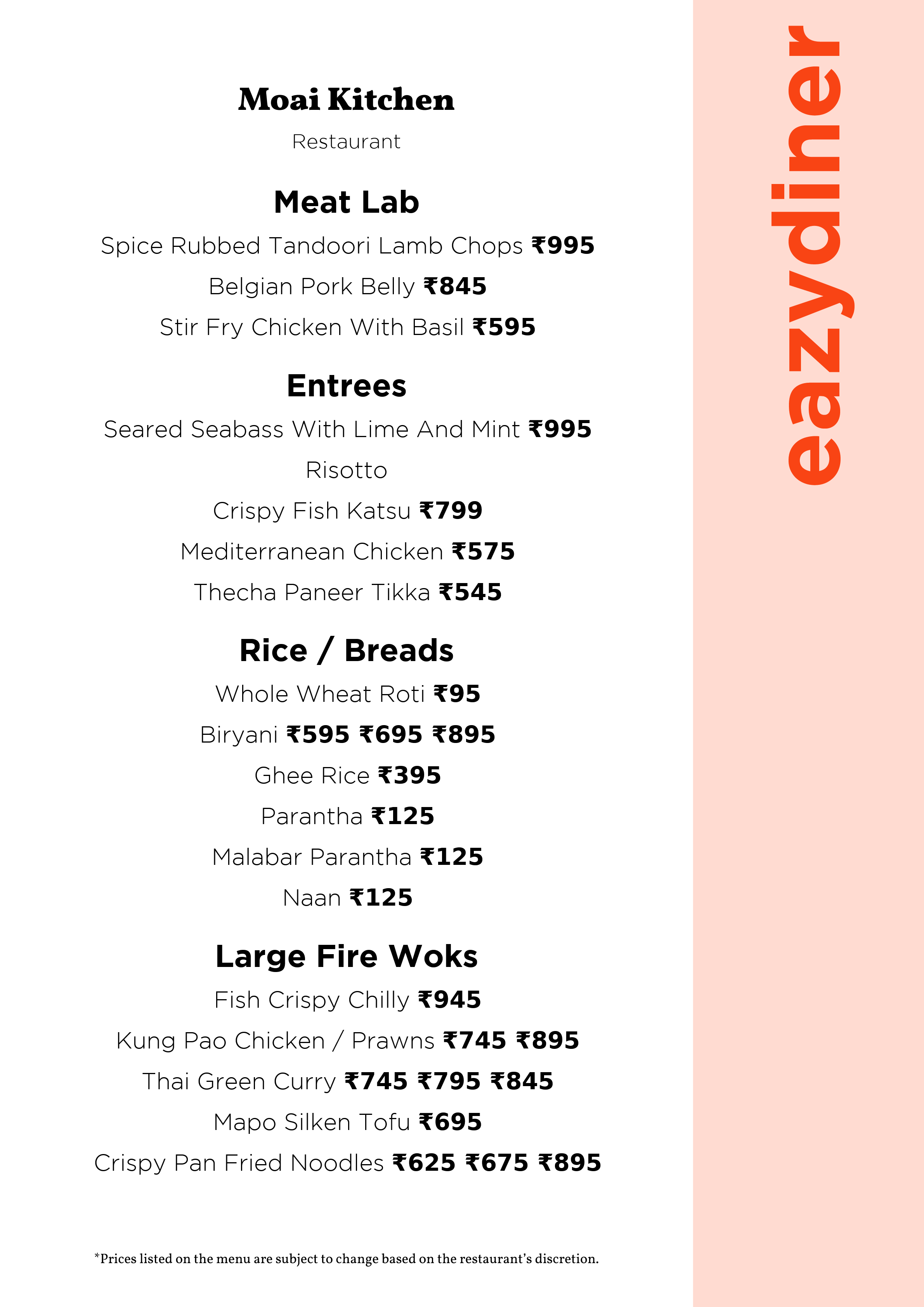 Menu of Moai Kitchen, Financial District, Hyderabad