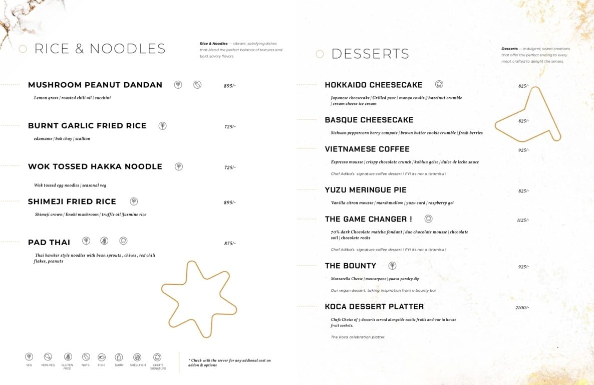 Menu of Koca, Golf Avenue 42, Gurgaon